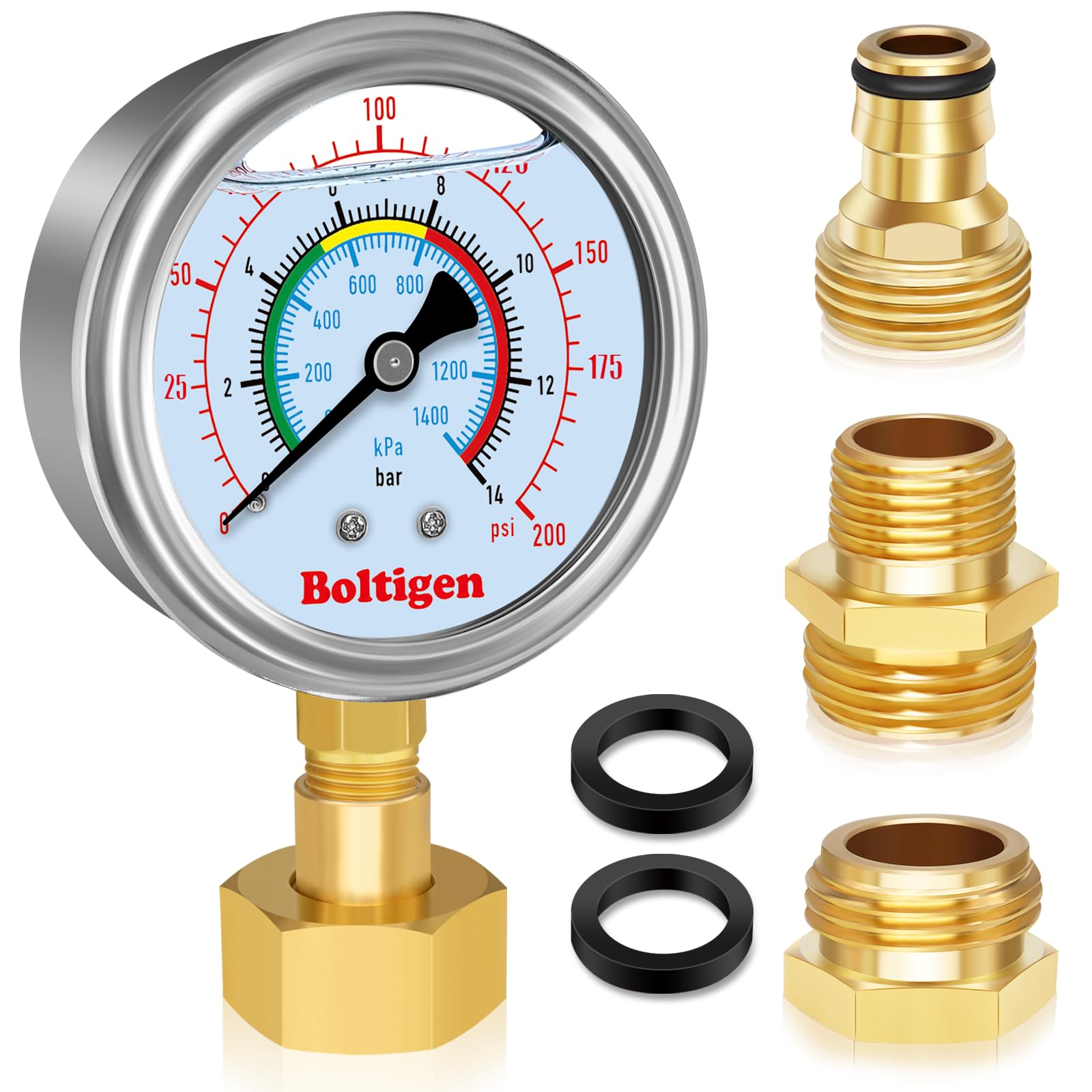 Water Pressure Gauge, 0-200 Psi Pressure Gauge Filled with Oil, 3/4 ...