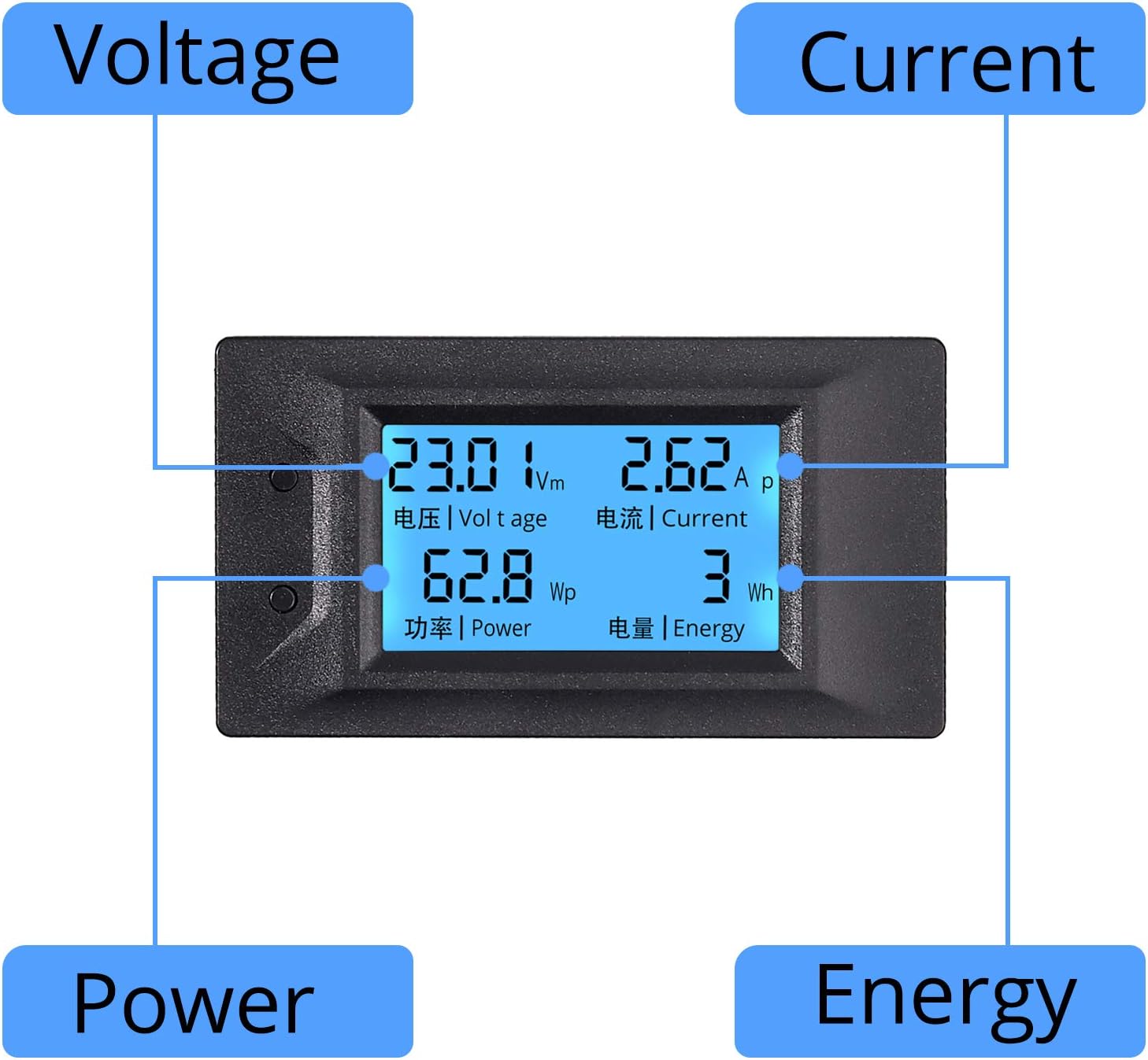 CAMWAY Digital Current Voltage Power Energy Meter 4 in 1 DC 6.5-100V 0-100A LCD Display ...