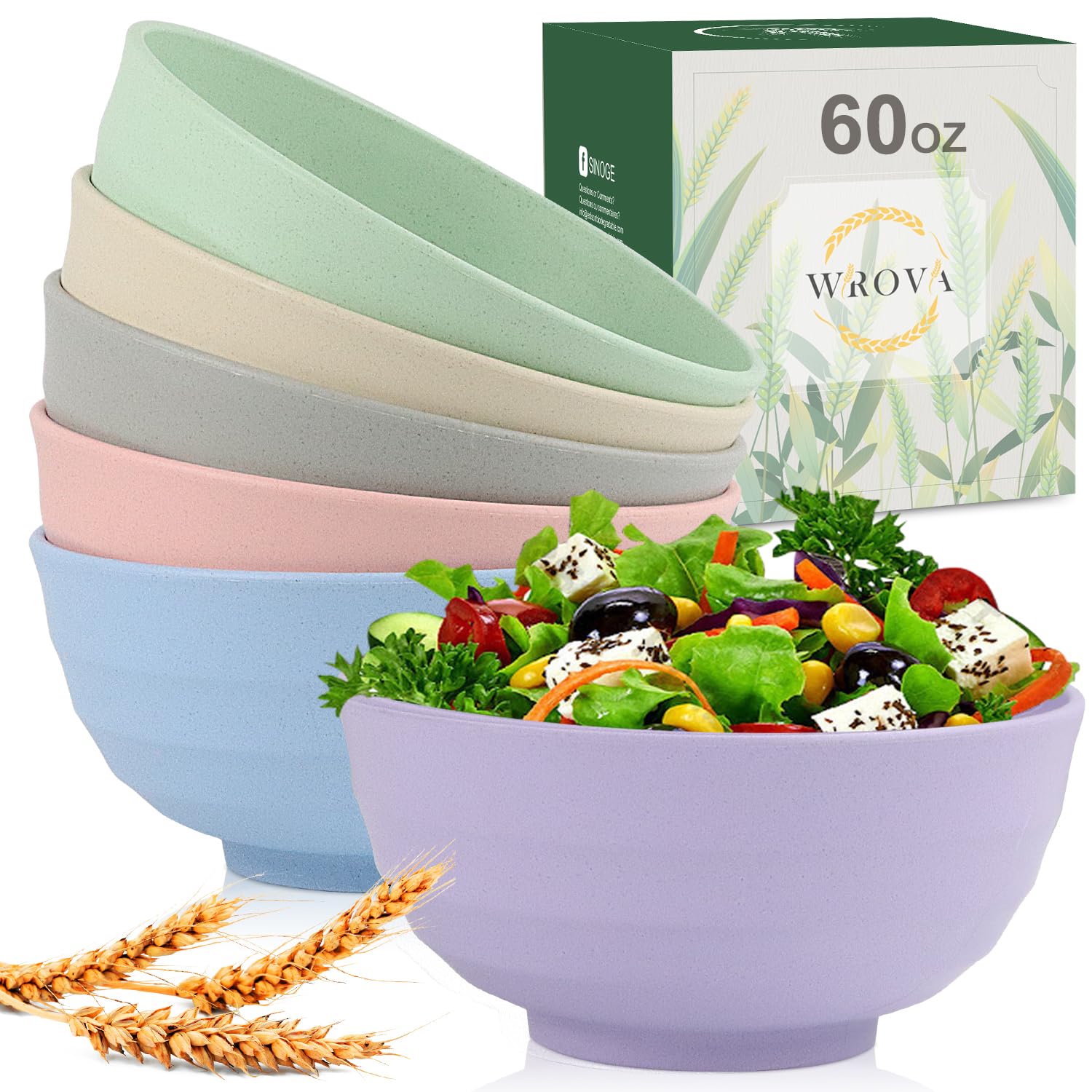 Wheat Straw Bowls Set 60 OZ Unbreakable Large Cereal Bowls Set of 6 ...