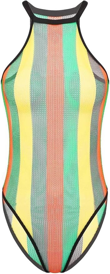 Amazon.com: Alvivi Women's Fishnet Swimsuit Rave Rainbow Striped Thong ...