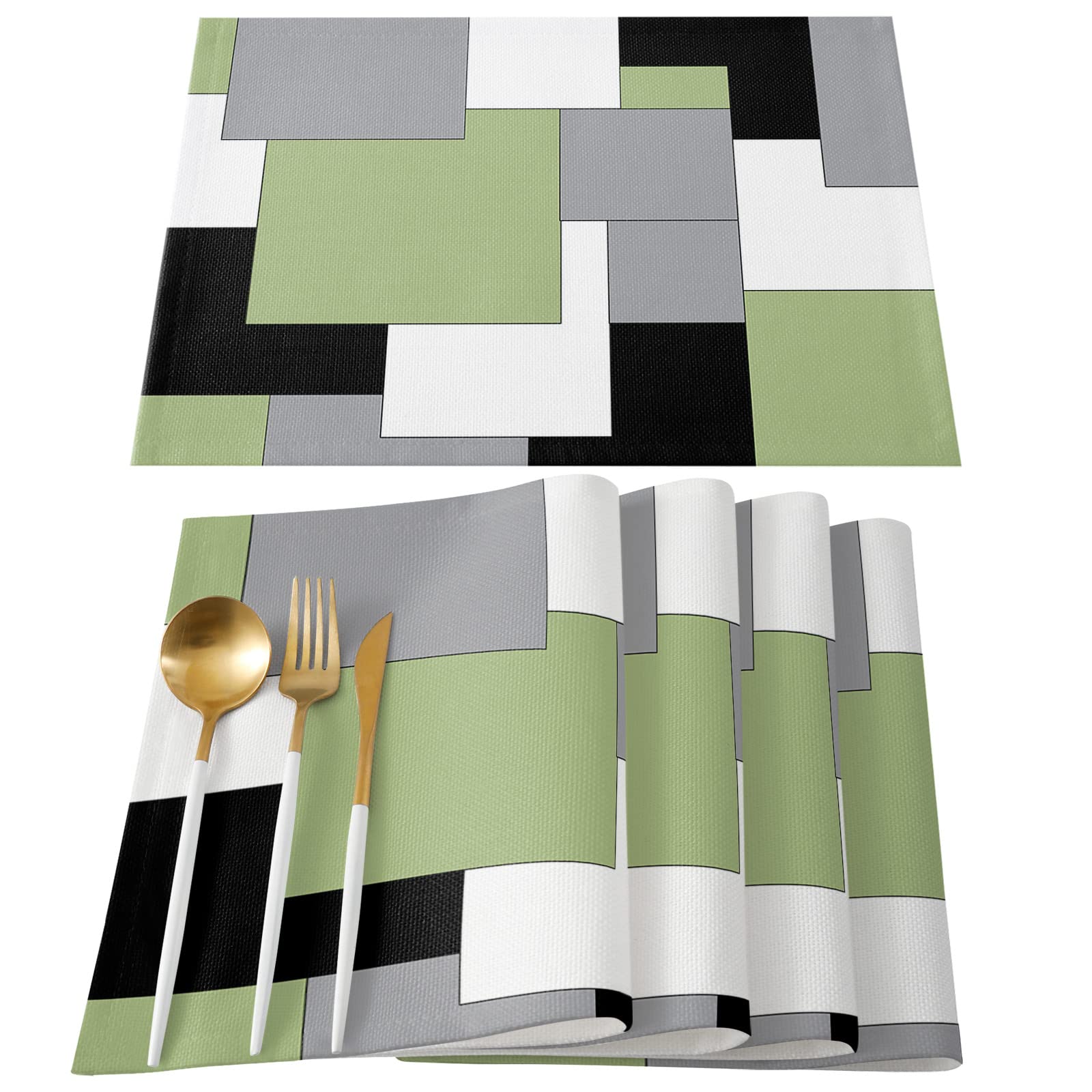 Sage Green Black and Grey Placemats Set of 6,Heat Insulation Table Mats ...