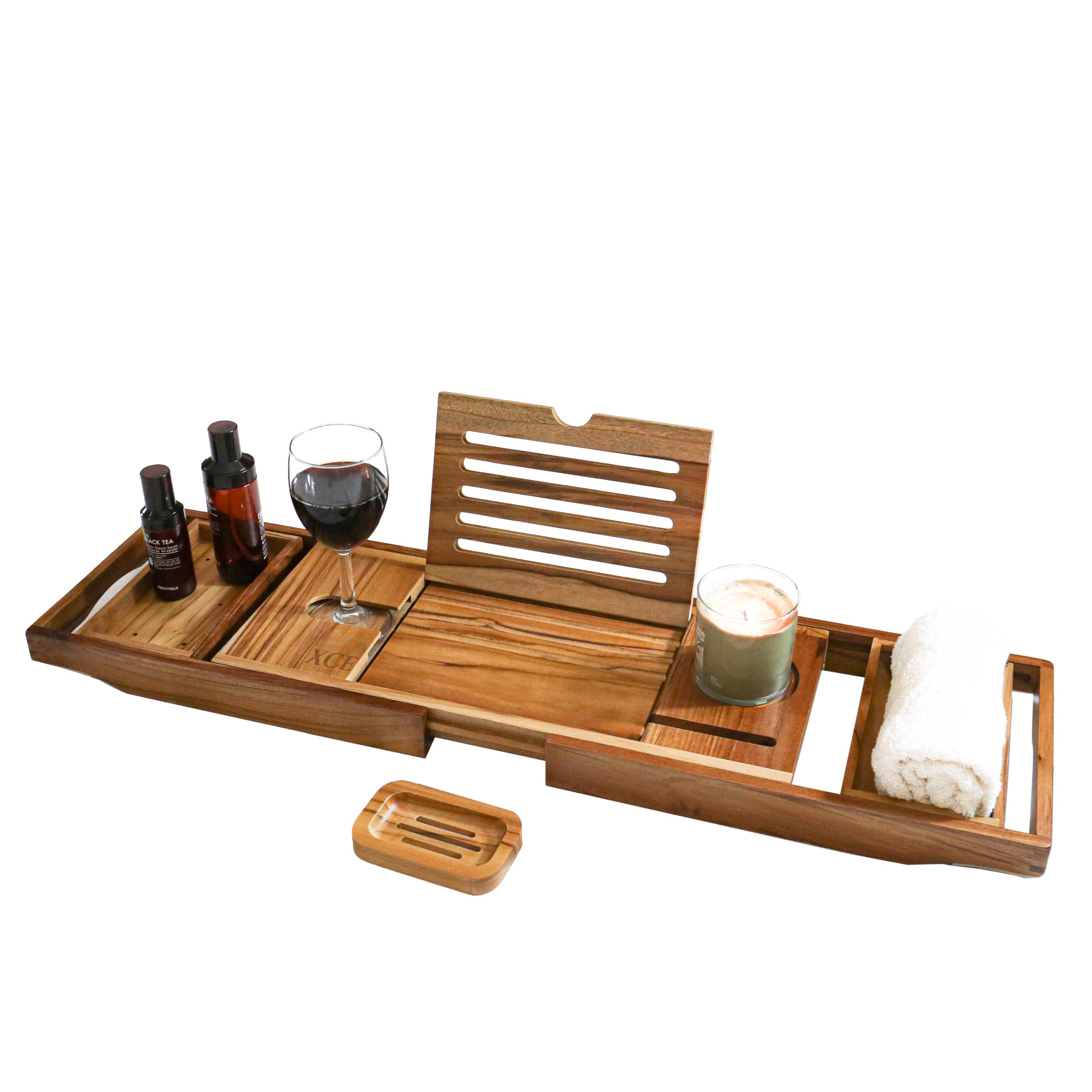 XcE Teak Bathtub Tray Expandable to 105cm with Solid Book Stand and ...