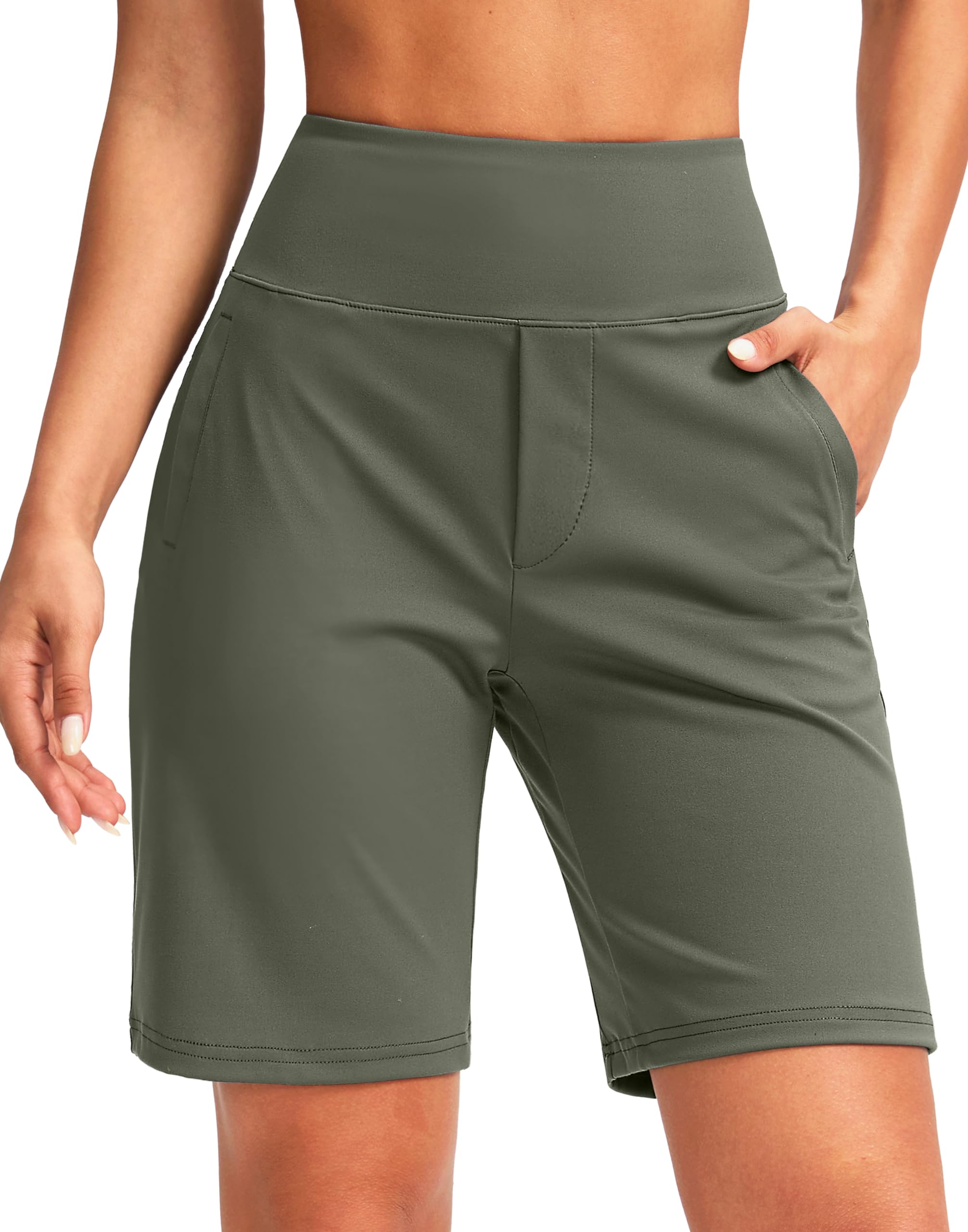 SANTINY Women's 9" High Waisted Bermuda Shorts with 4 Pockets Knee ...