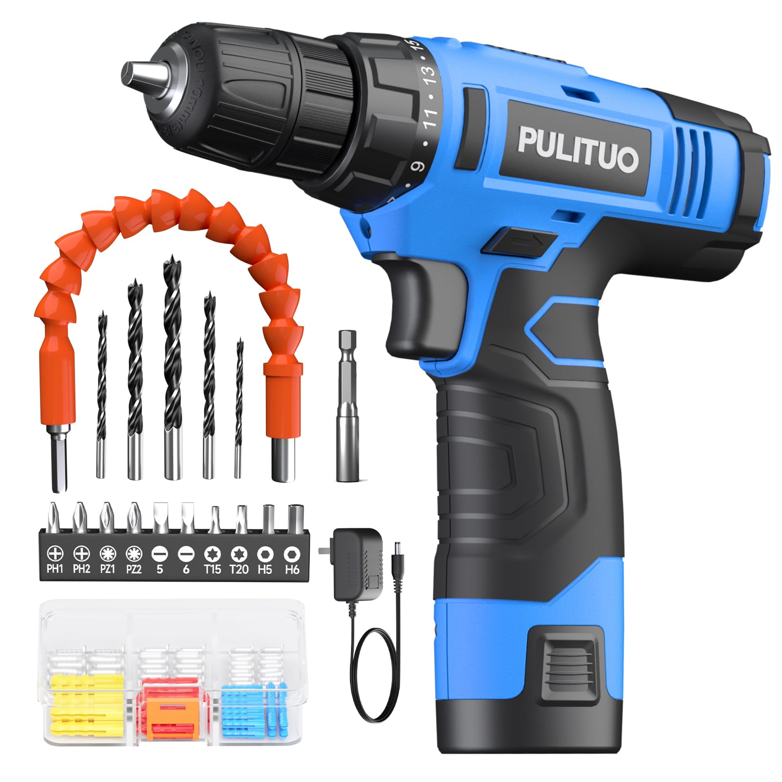 PULITUO 12V Blue Cordless Drill Set Power Drill Kit with Battery and ...