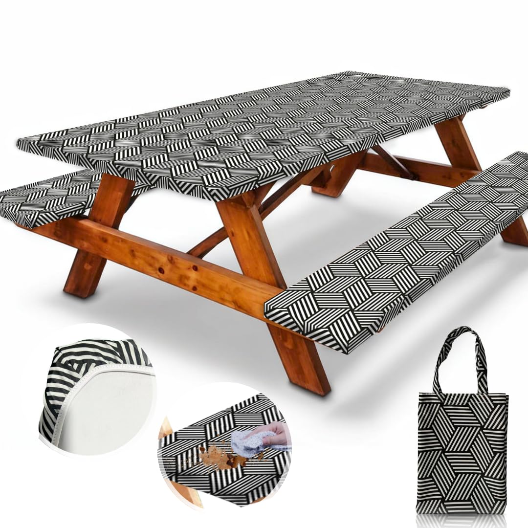 RNOONY 8ft Polyester Picnic Table Cover with Bench Covers Windproof ...