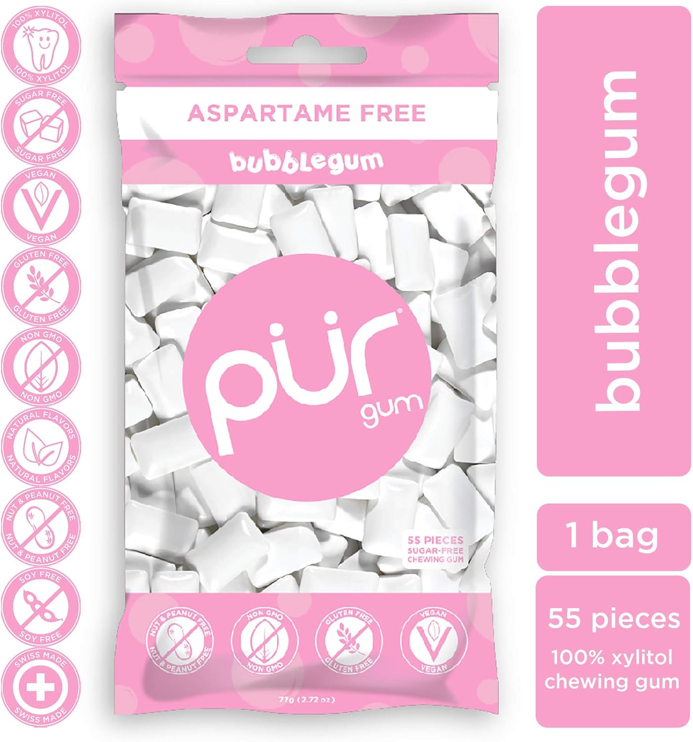 PUR Gum, Bubblegum, 55 Pieces - Aspartame Free, Sugar Free, 100% ...