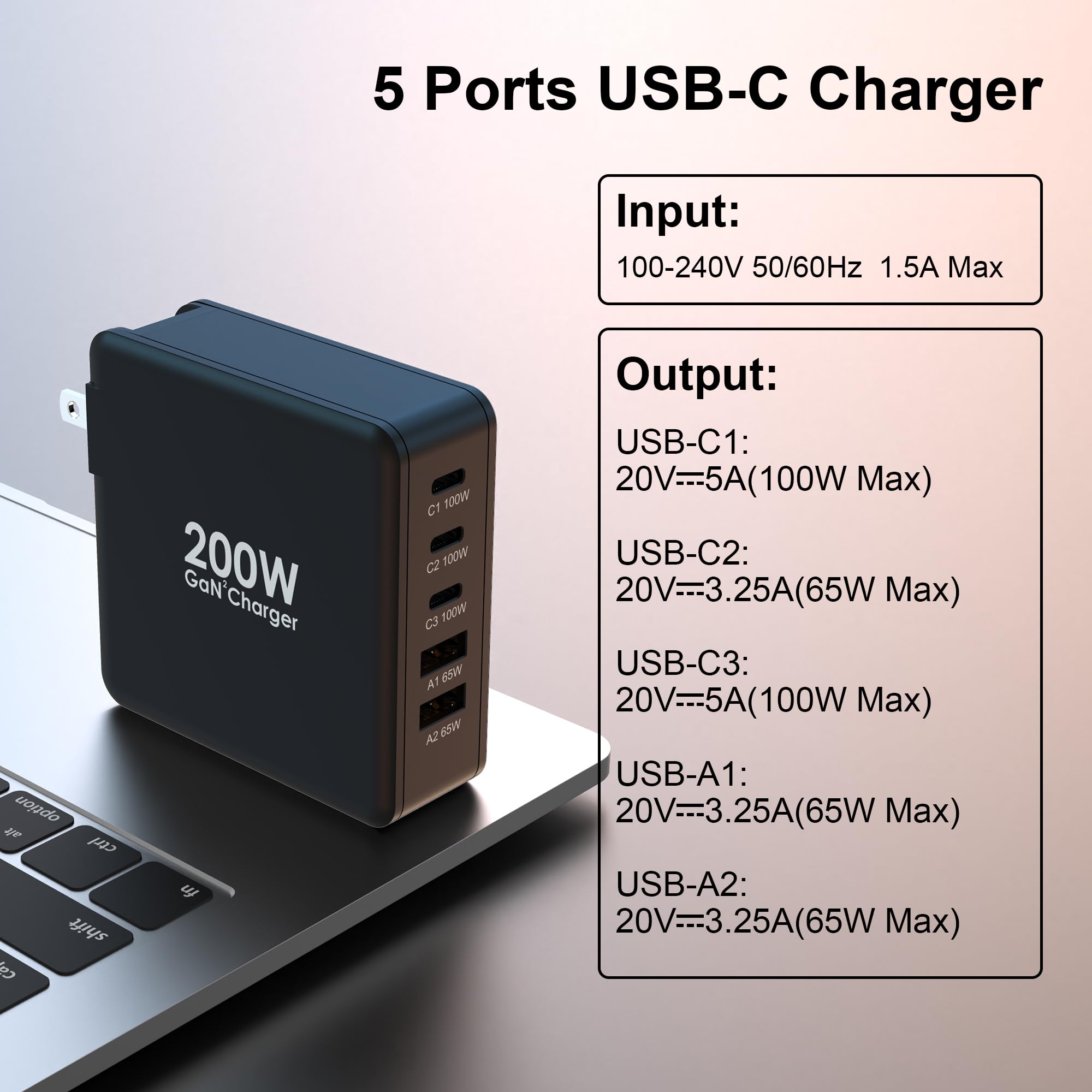 Mua 200W USB C Charger, 5 Ports GaN USB C Wall Fast Charger, PD100W USB C Desktop Charging ...