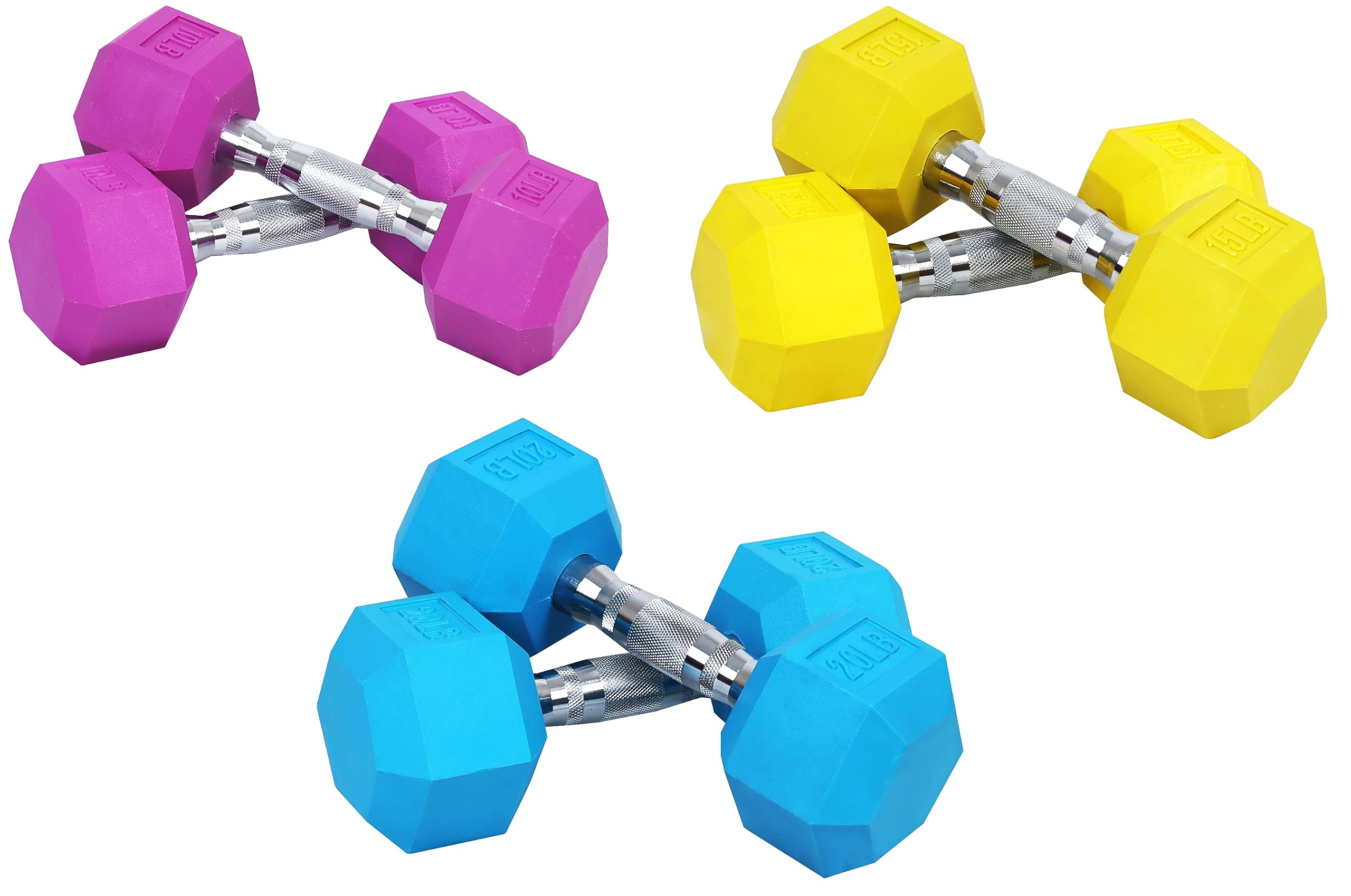 Fitvids Colored Rubber Encased Hex Dumbbell, Set Including 10, 15, 20LB ...