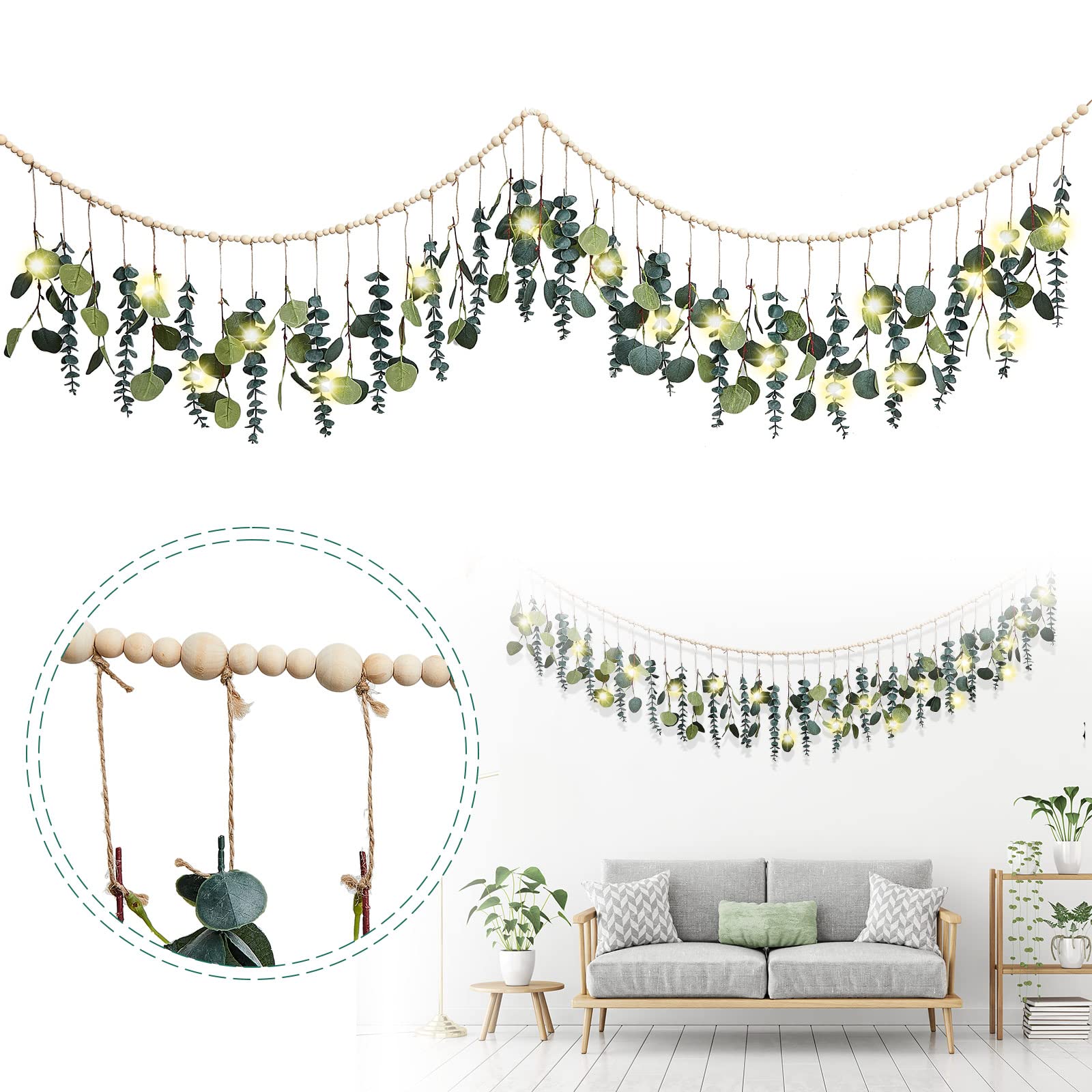 Eucalyptus Wall Decor with Led Light Wall Hanging Wooden Bead Garland ...