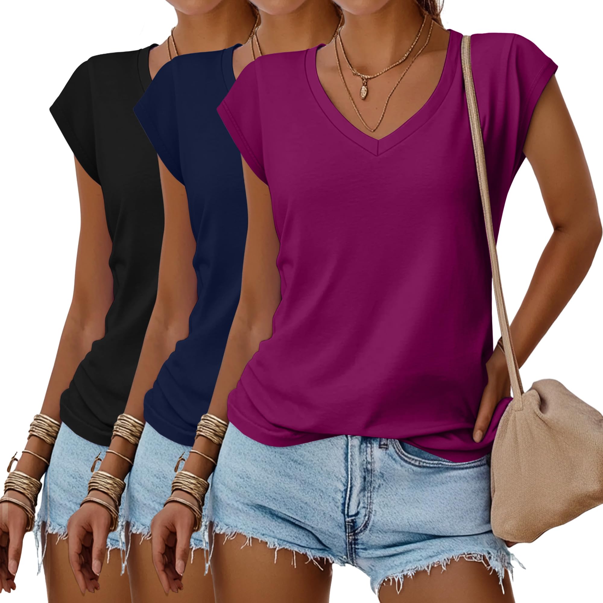 Huukeay 3 Pack Women’s V Neck T Shirts, Cap Sleeve Summer Casual Tops ...