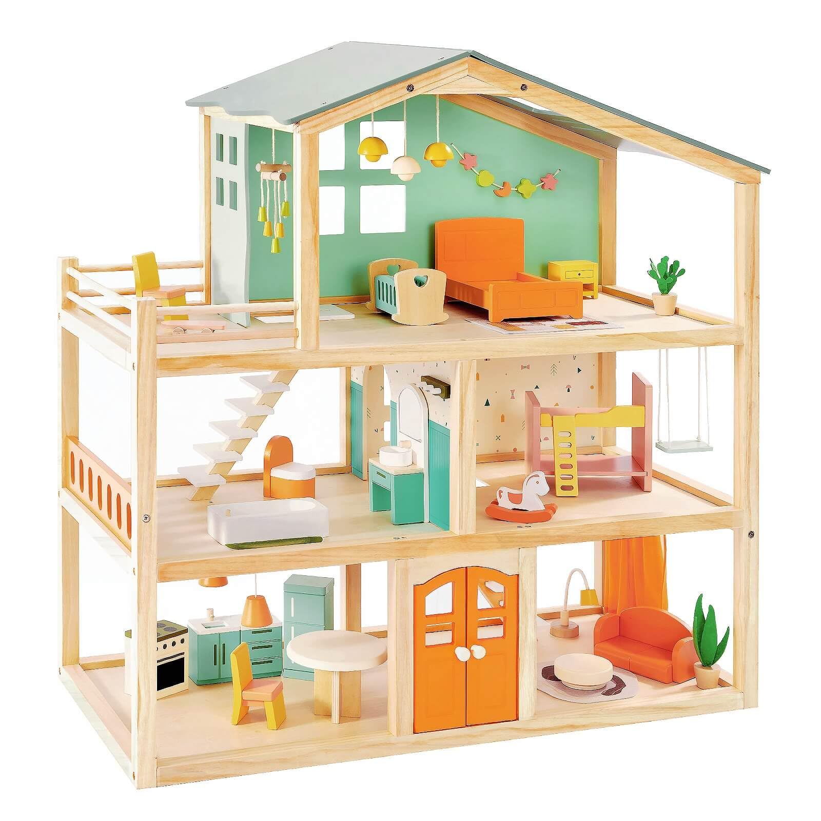 Large Wooden Dollhouse for Girls with 32 Pcs Furniture Accessories, 3 ...