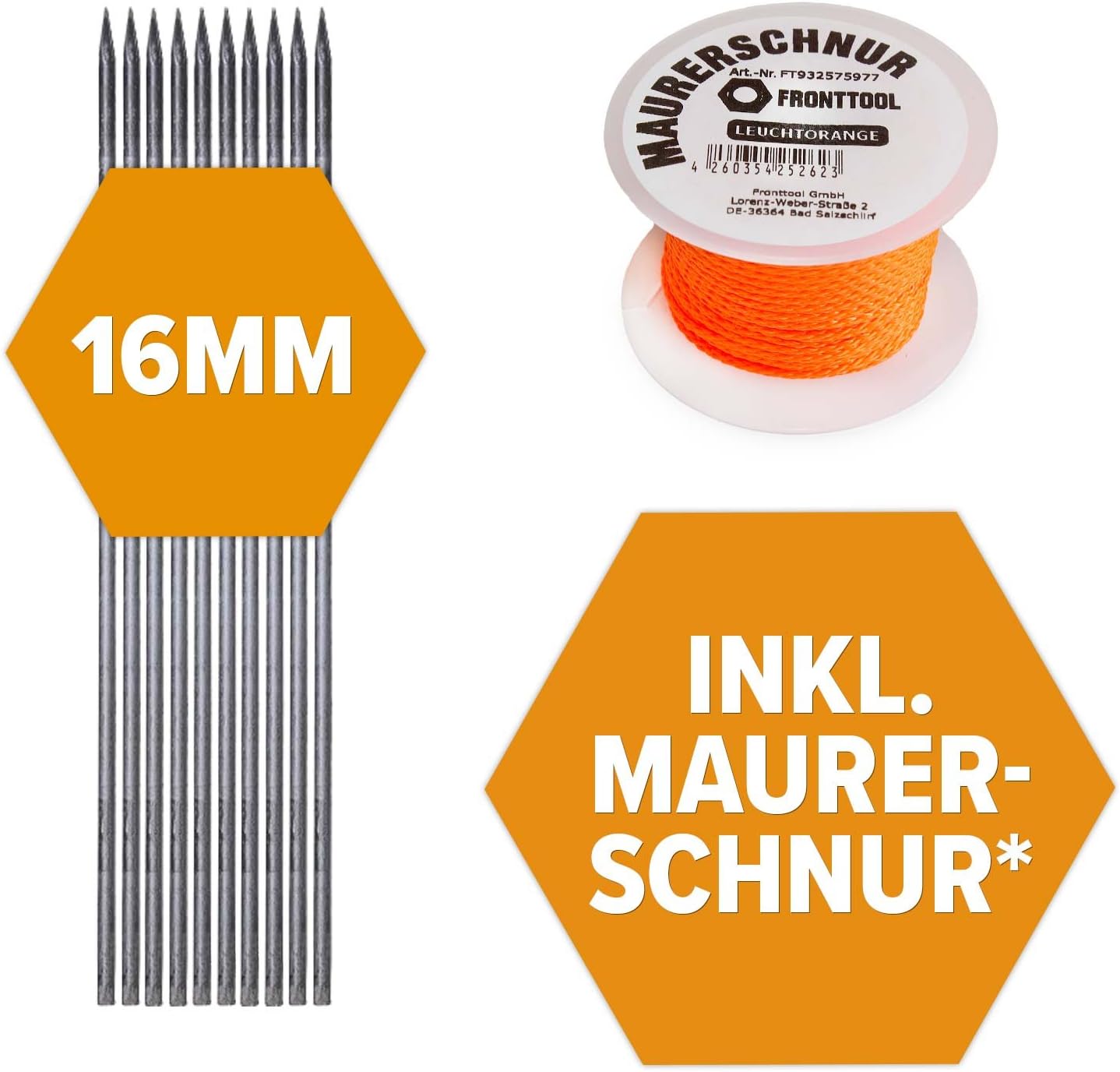 10 St. FRONTTOOL Schnureisen 1 m, Ø16 mm, Schnurnagel, Schnurpfahl ...