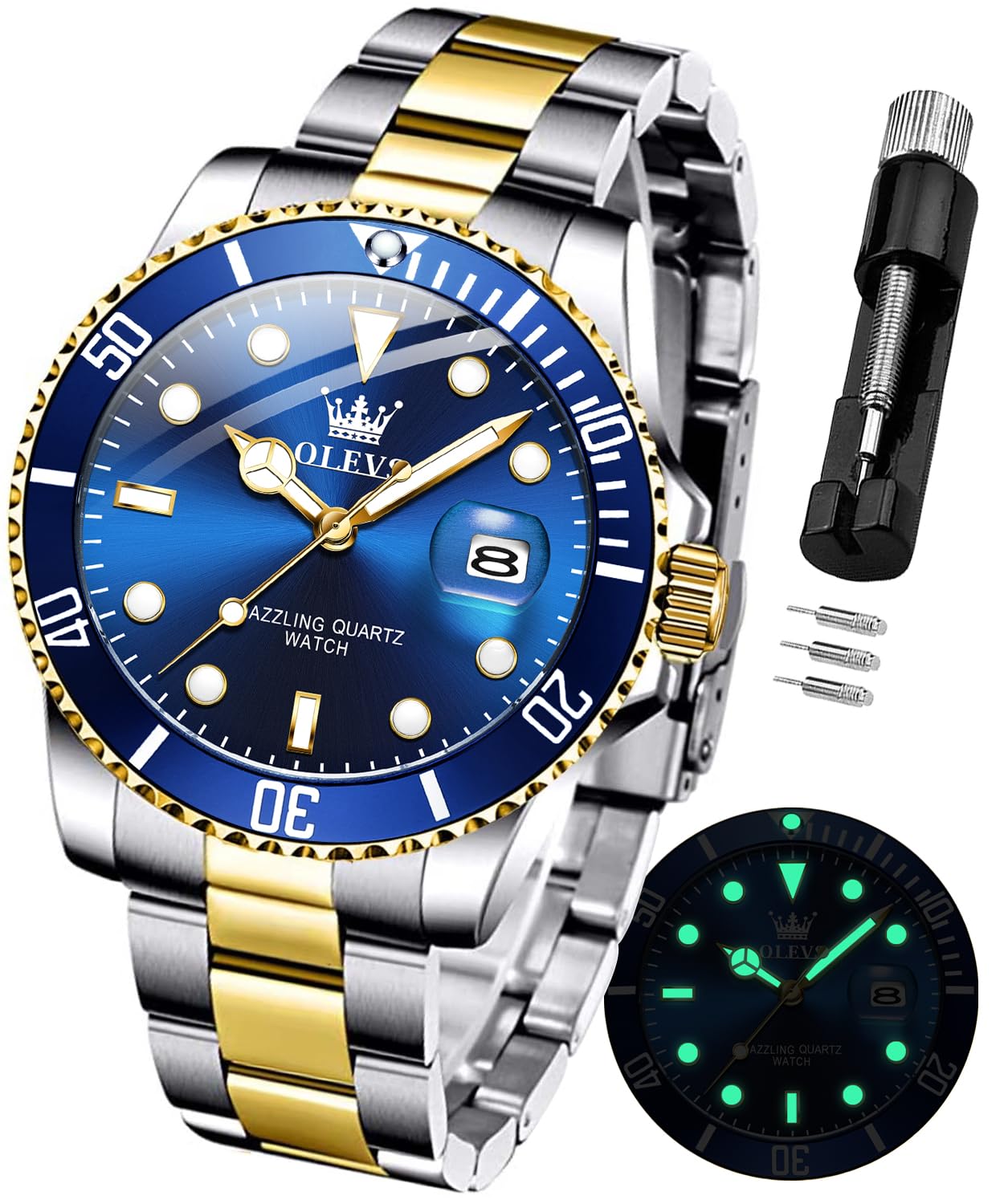 OLEVS Two Tone Stainless Steel Watch for Men,Blue,Waterproof, Big Face ...