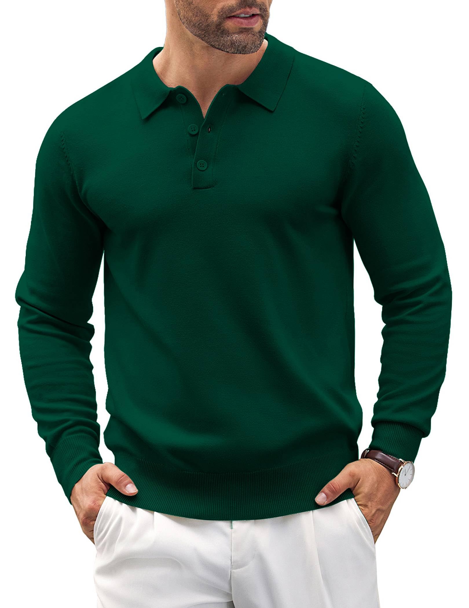 COOFANDY Men's Knit Polo Shirt Long Sleeve Vintage Golf Shirt Lightweight Sweater Dark Green M ...