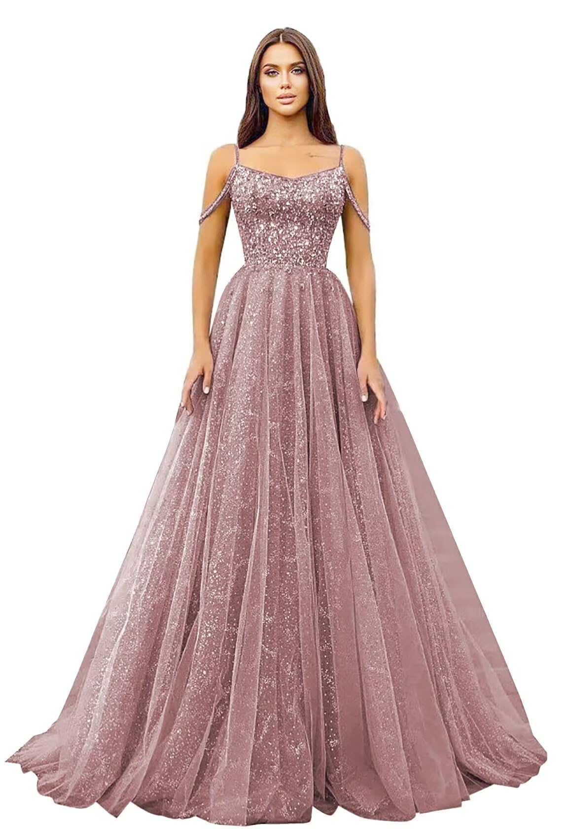 Off Shoulder Sequin Prom Dresses Long Tulle Ball Gowns Spaghetti Straps A-Line Sparkly Evening ...
