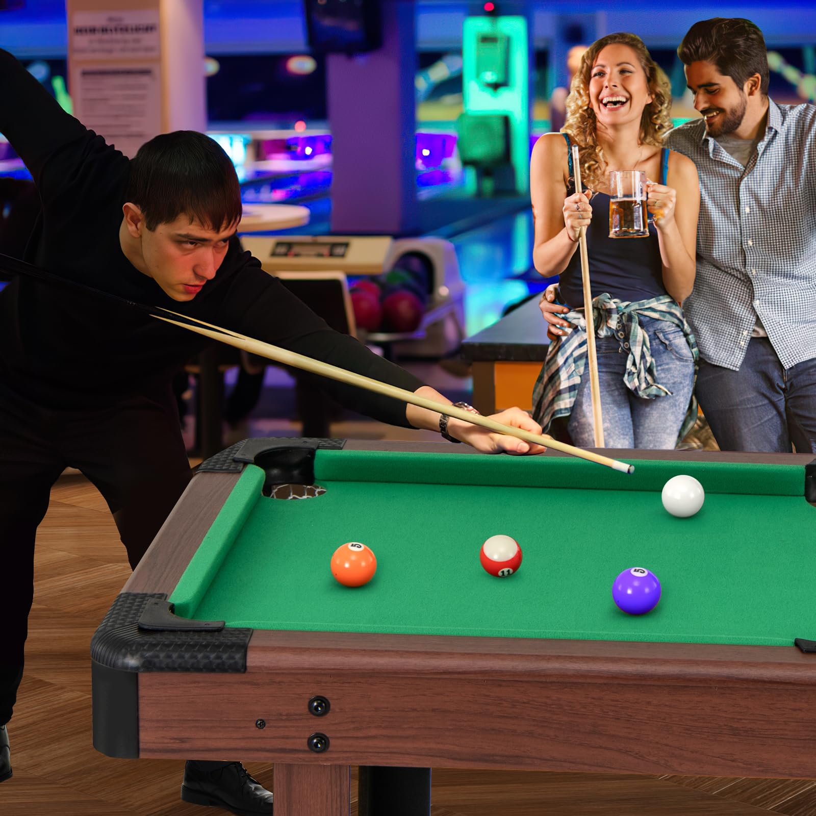 GYMAX Pool Table, 48 Inch Wooden Billiard Tables With 16 Balls, 2 Cue ...