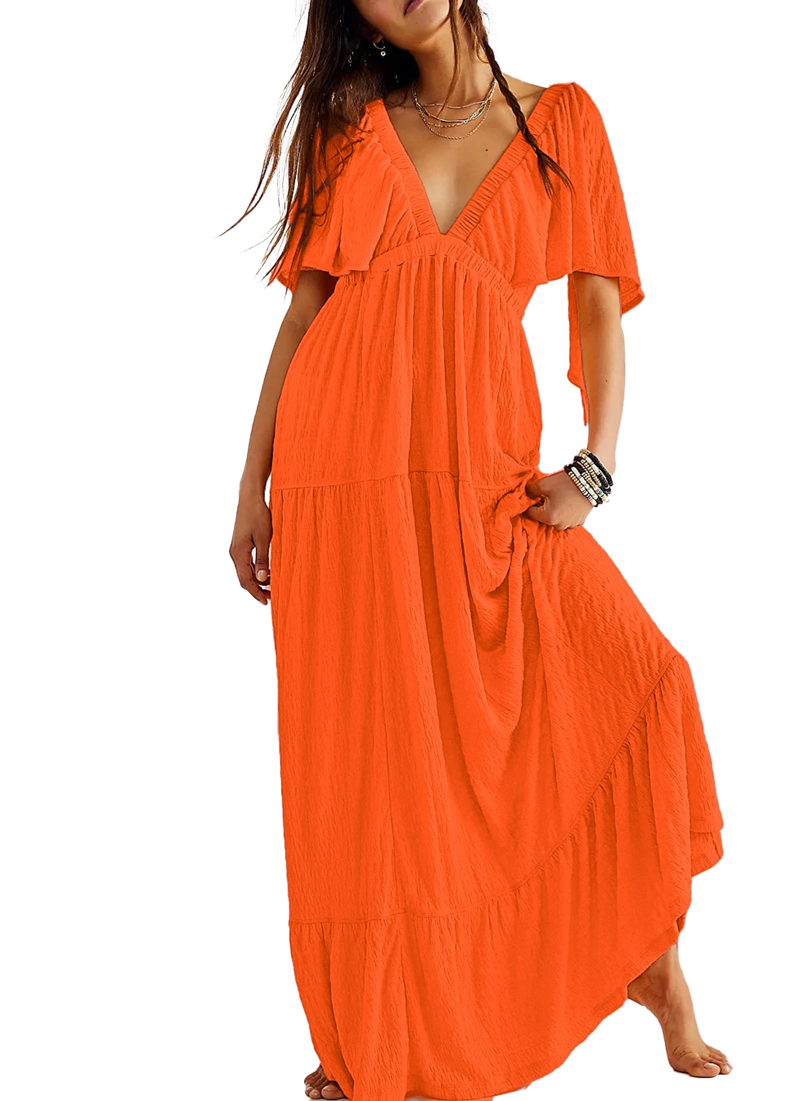 Kikibell Sundress Flowy Dresses for Women Deep V Neck Flutter Sleeves ...