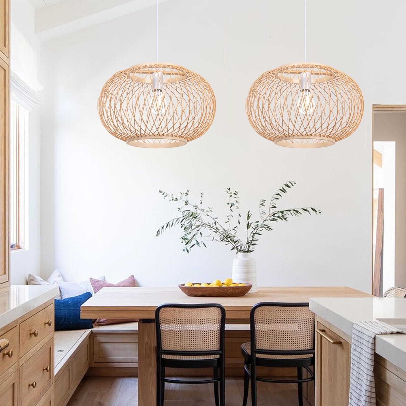 Arturesthome 1 Light Weaving Bamboo Round Pendant Light for Kitchen Island, Wicker Chandelier ...