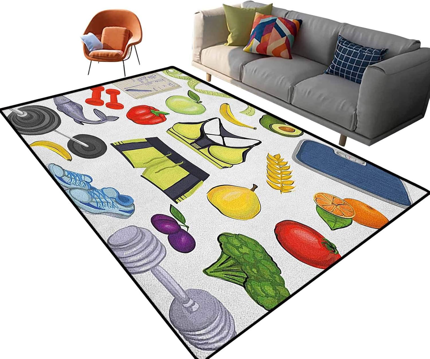 Fitness Children Boys Girls Bedroom Rugs Hand Drawn Healthy Living ...