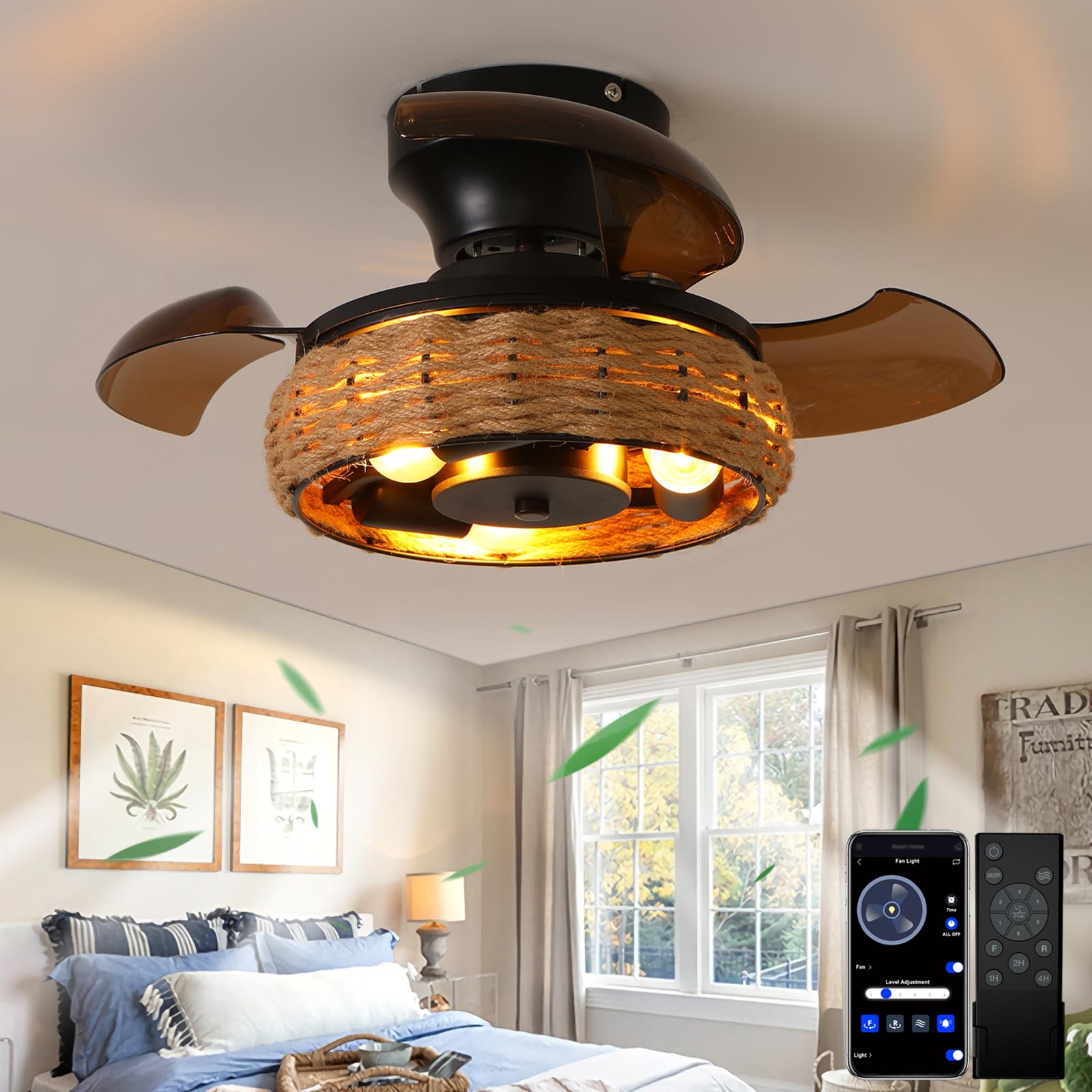 BEALWISE 21.6'' Retractable Ceiling Fans with Lights Boho Caged ...