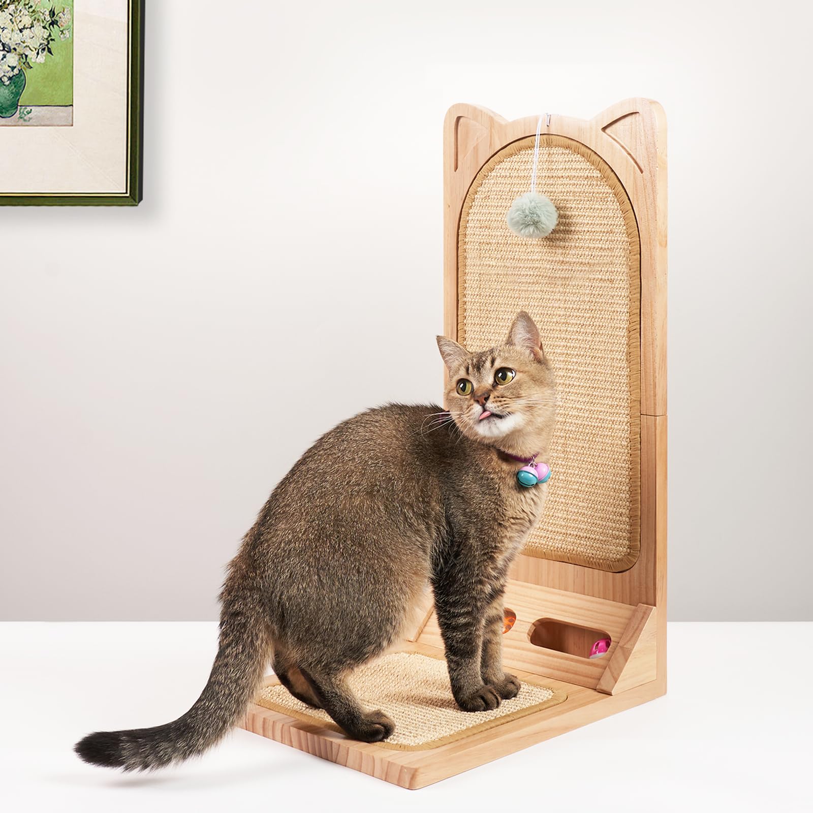 L Shape Cat Scratcher, Sisal Cat Wall Scratcher with Cat Ball Toy, Wood ...