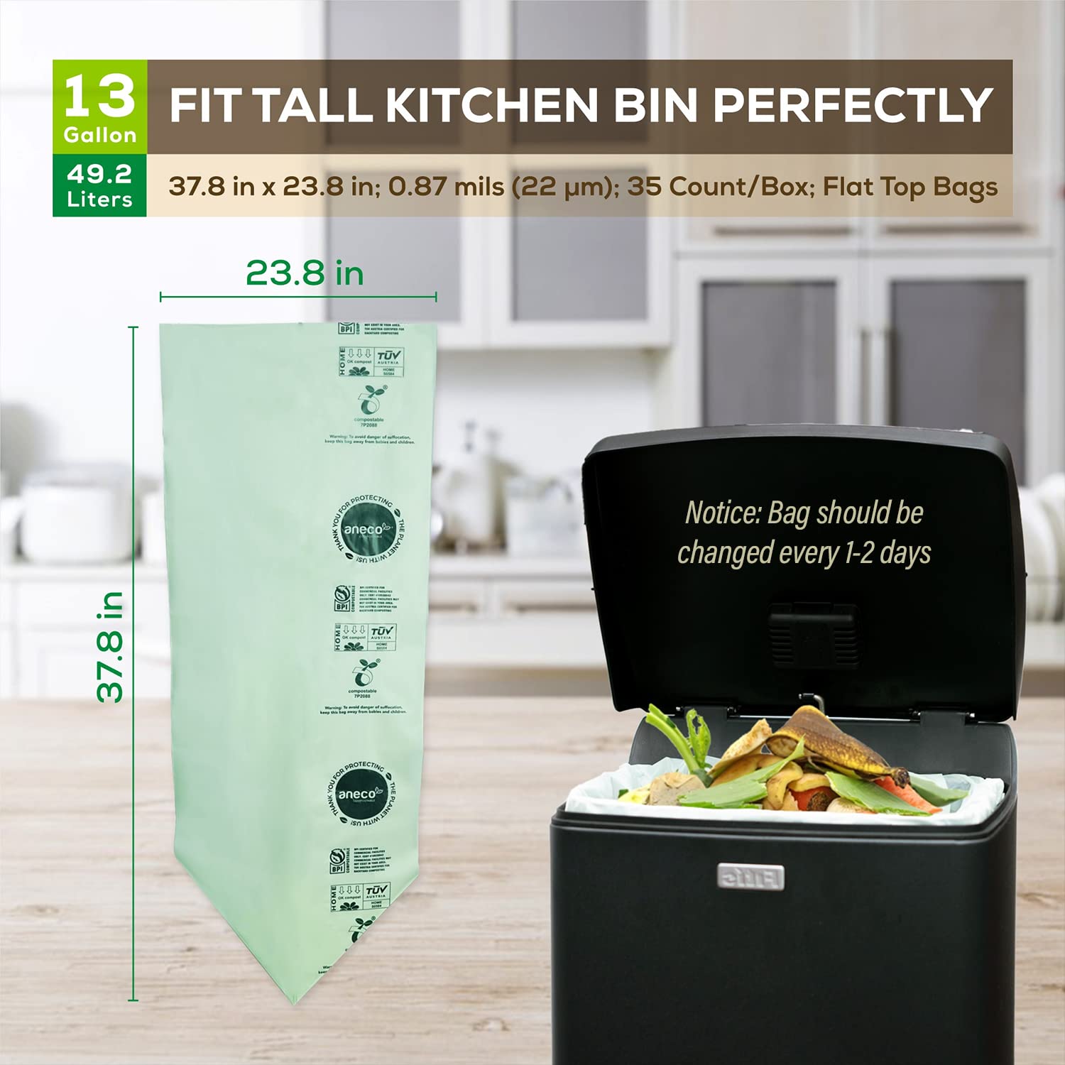 Mua ANECO 100% Compostable Food Waste Bags 13 Gallon, 35 Count, Extra ...