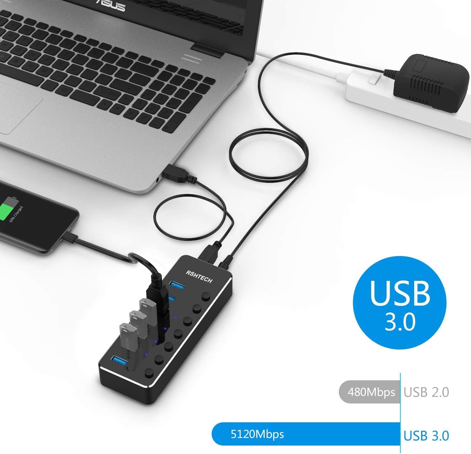 USB Hub Powered RSHTECH 7 Port USB 3.0 Data Hub Aluminum USB Extension Splitter with Individual ...