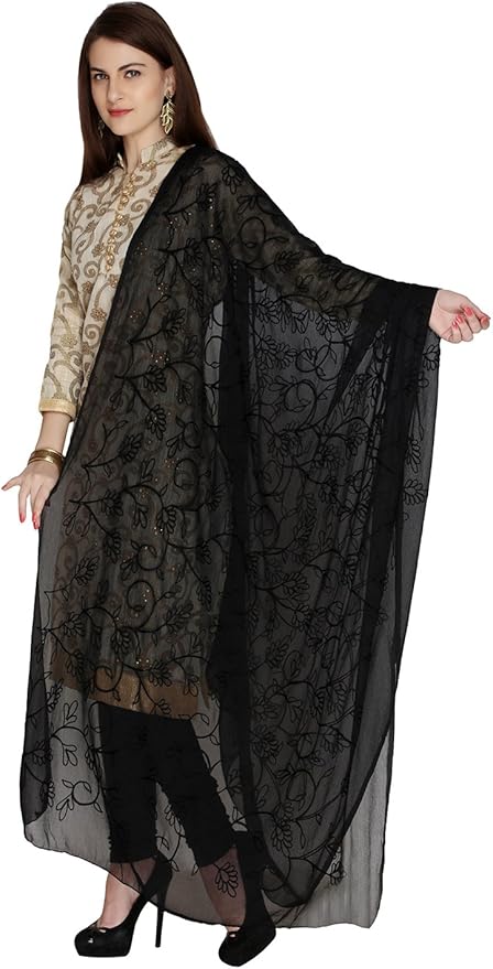 Dupatta Bazaar Woman's Embroidered Black Chiffon Chunni,Dupatta, Stole ...