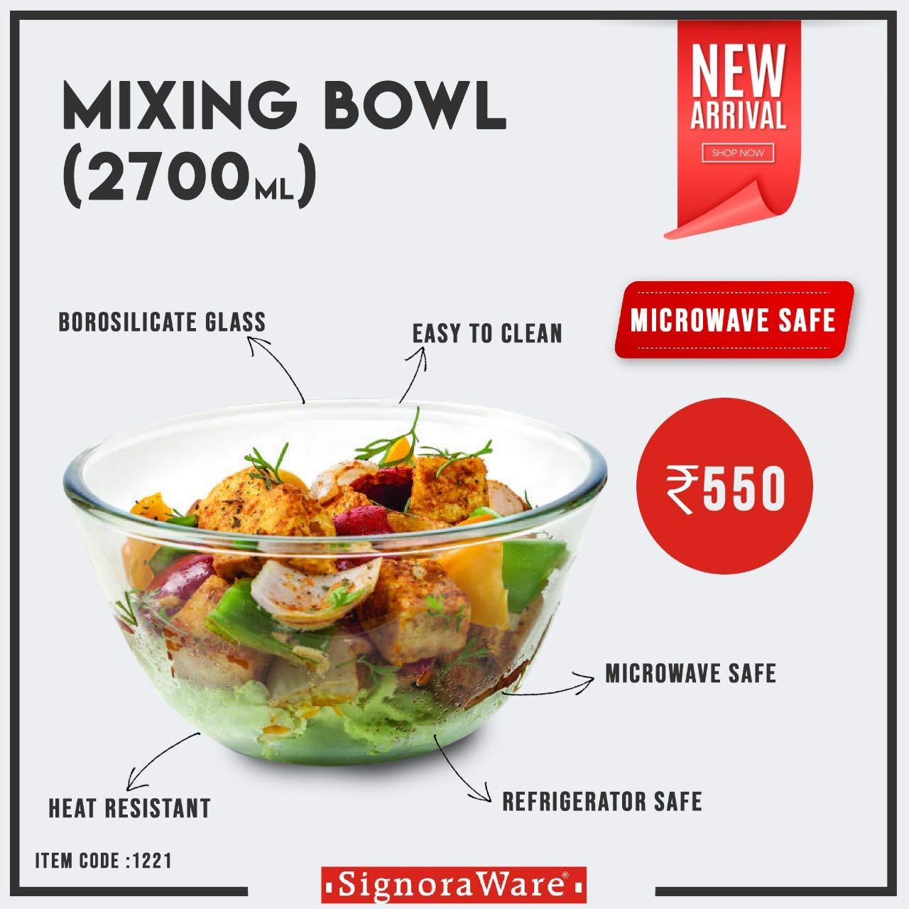 Buy Signoraware Mixing Bowl High Borosilicate Glass, 2700ml, 1 Piece ...
