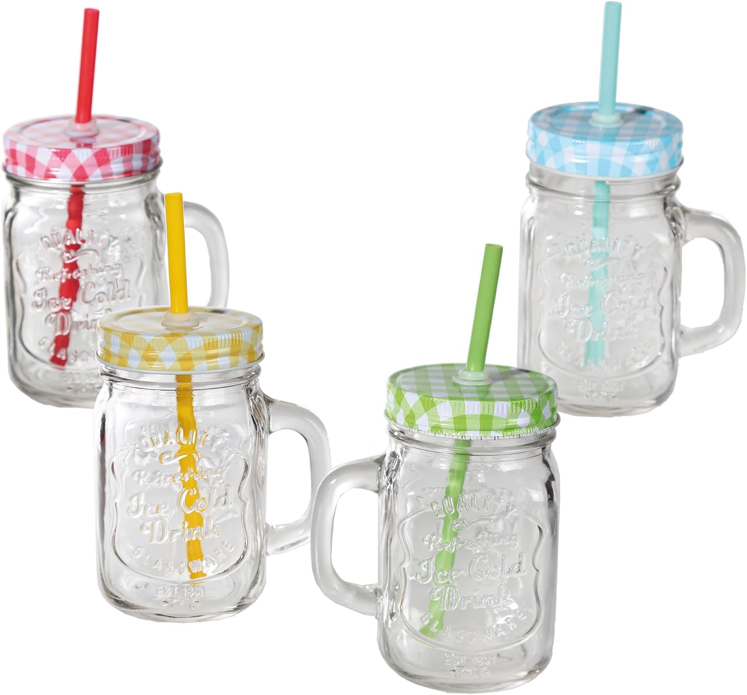 Set di 4 bicchieri in vetro con design a quadretti, coperchi colorati e ...