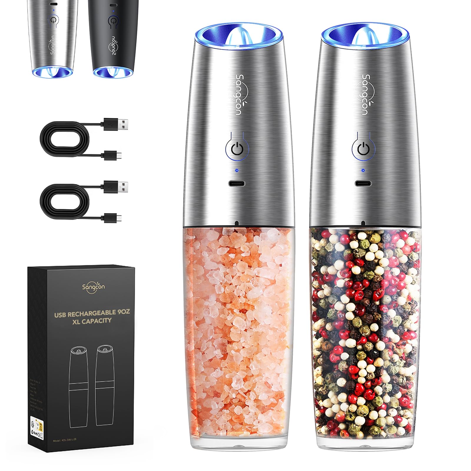 Sangcon Gravity Electric Salt and Pepper Grinder Set Shaker ???????? Rechargeable 9oz XL ...