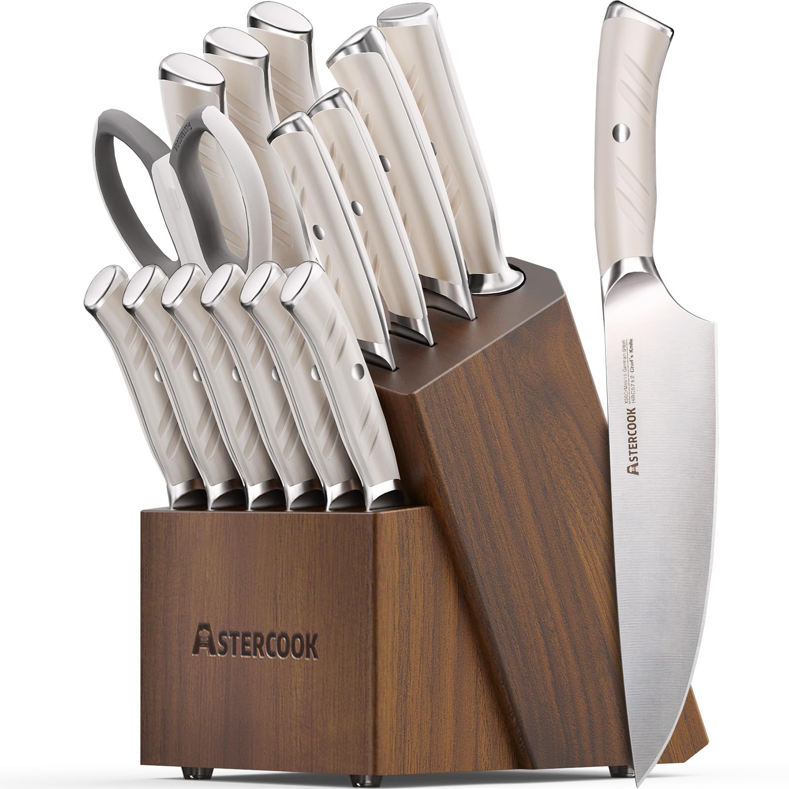 Knife Set, Astercook 15 Pcs Luxurious Kitchen Knife Set with Block ...