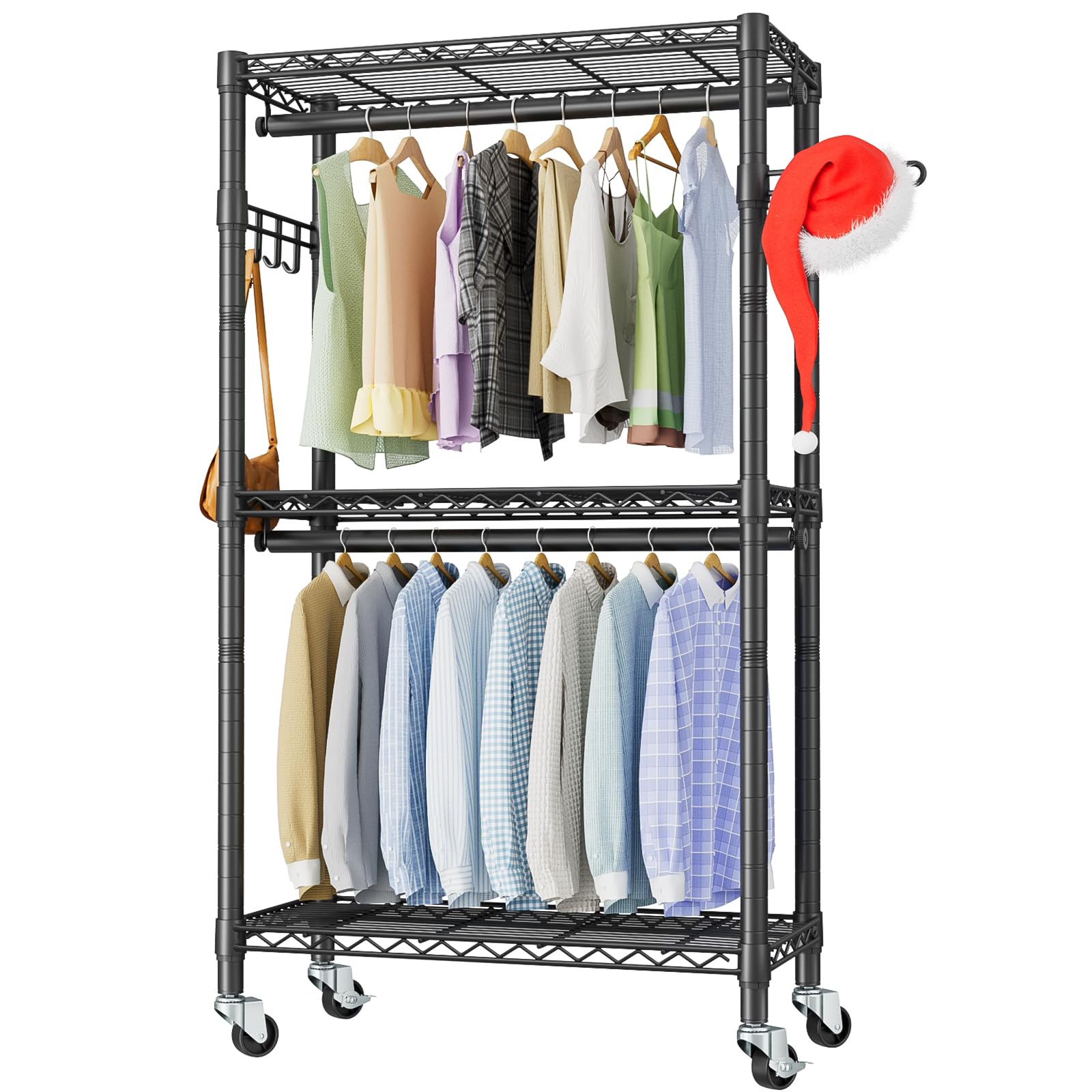 Heavy Duty Clothes Rack Rolling Garment Rack,3 Tier Adjustable Wire ...
