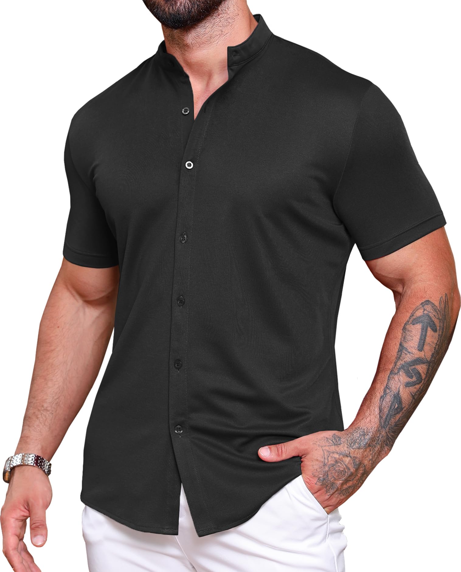 URRU Men's Muscle Dress Shirts Slim Fit Stretch Banded Collar Short Sleeve Wrinkle Free Casual ...