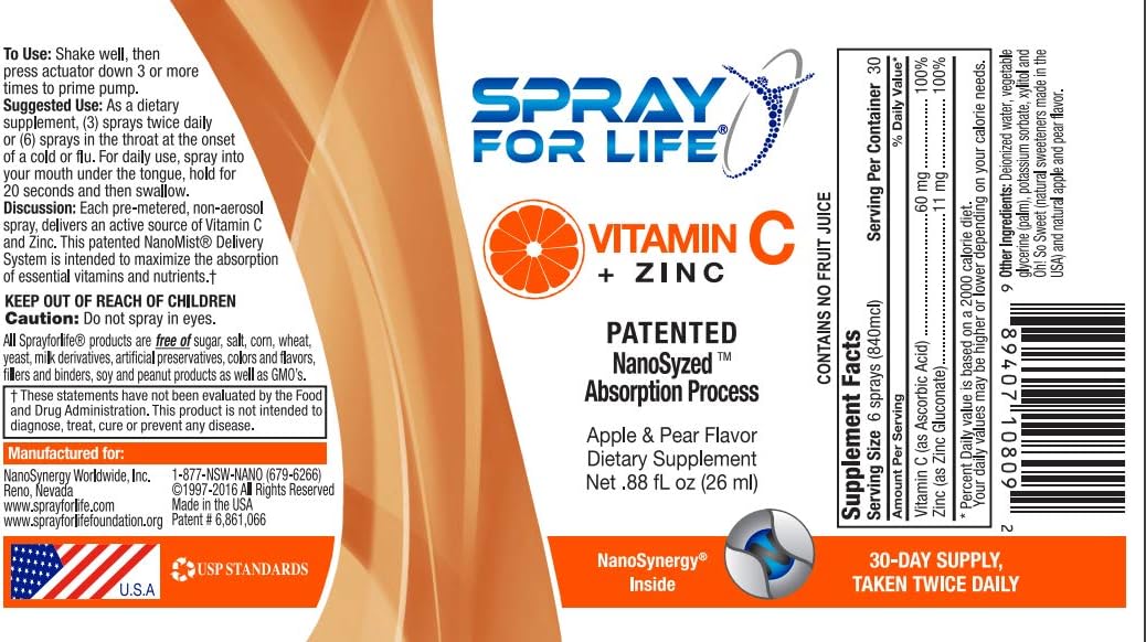 Spray for Life® Vitamin C (Pureway-C ®) Plus Zinc Spray - Non-Synthetic ...