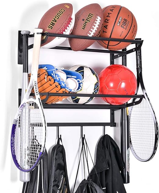 Wall Mounted 2 Tiers Adjustable Sports Ball Rack Storage Gear Equipment ...