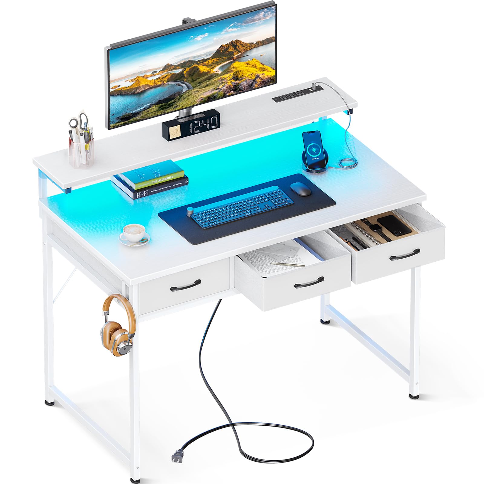 ODK 40 Inch Small Computer Desk with 3 Drawers and USB Power Outlets ...