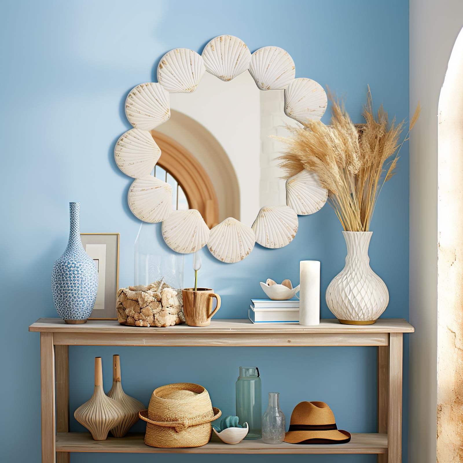 GLCS GLAUCUS 24" Round Mirror,White Wood Circle Wall Mirror with ...