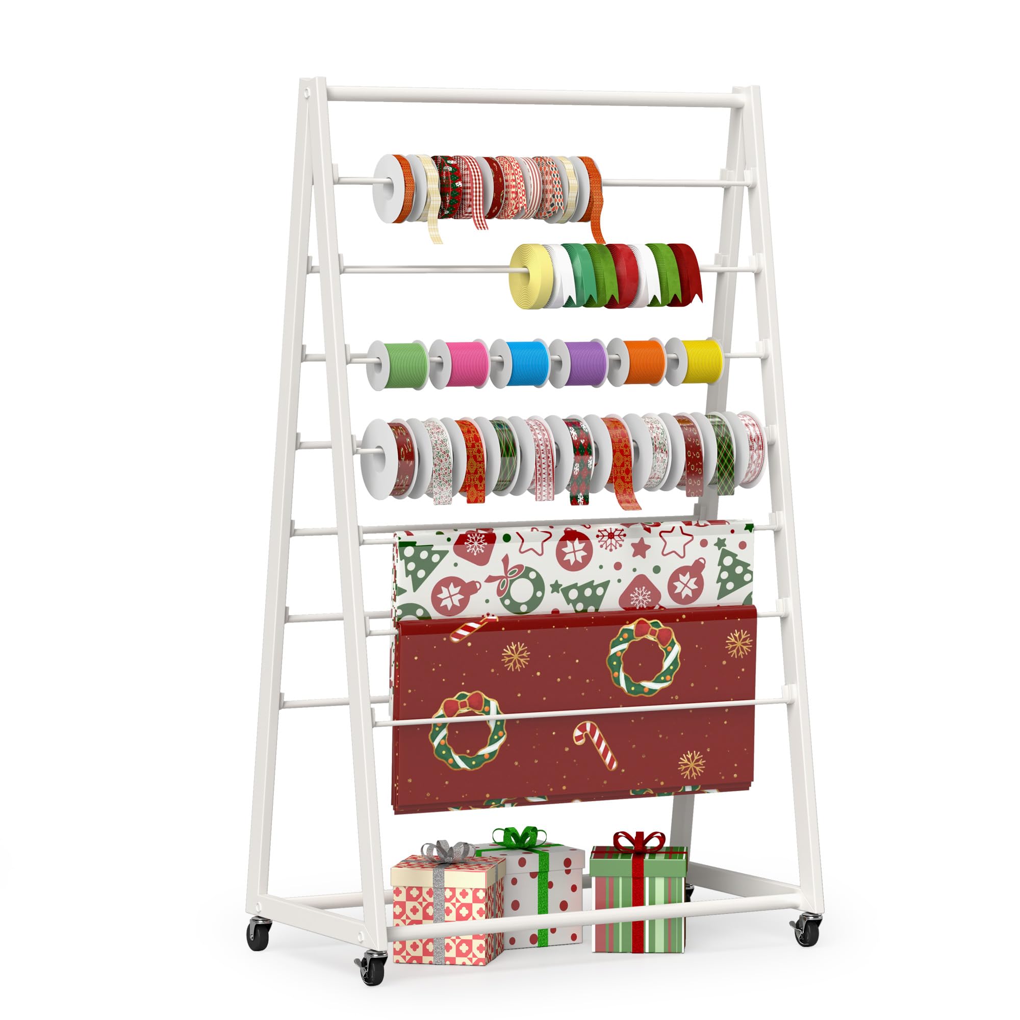 Rolling Ribbon Organizer - 15 Tier Metal Holder Wrapping Storage Shelf ...