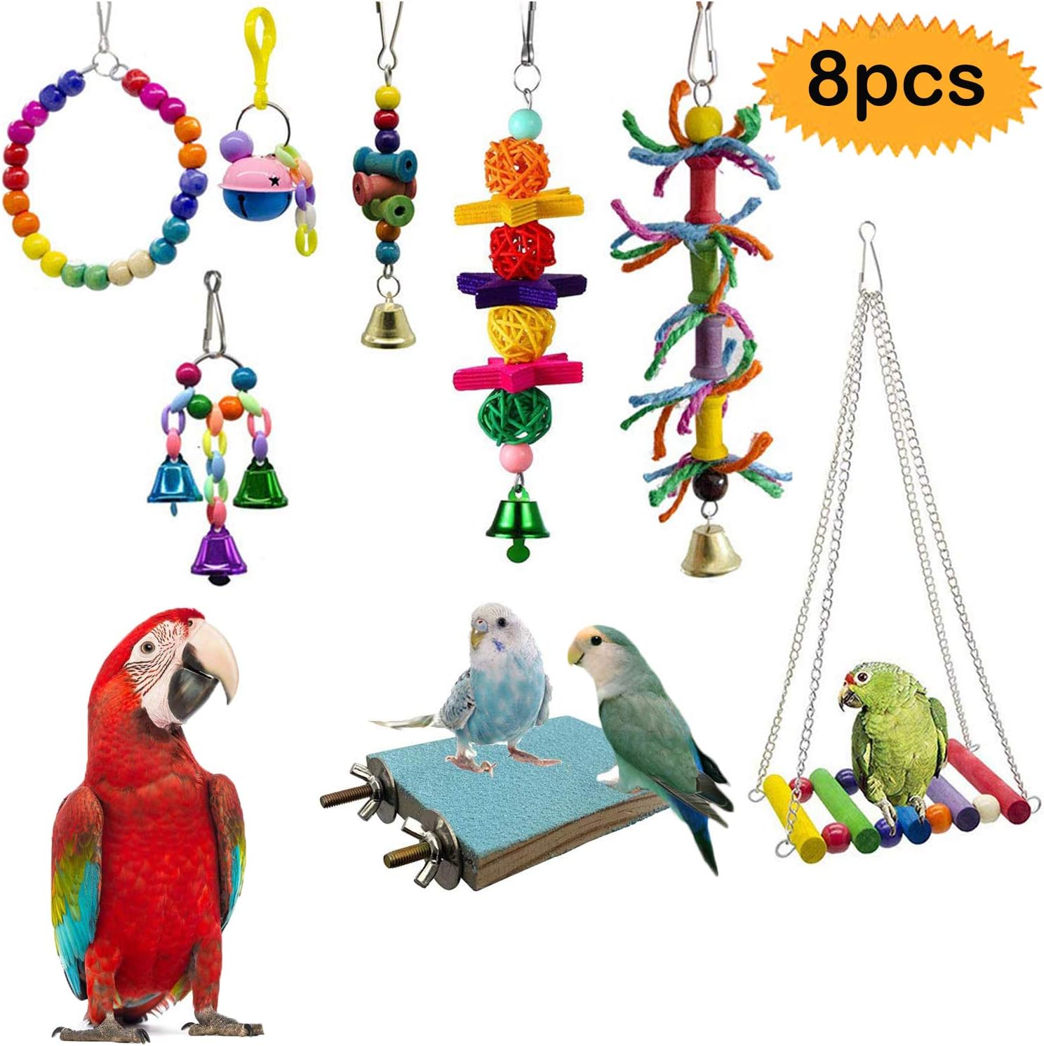 bluesees Bird Toys, Parrot Toys 8pcs Play Set for Birds, Hanging ...