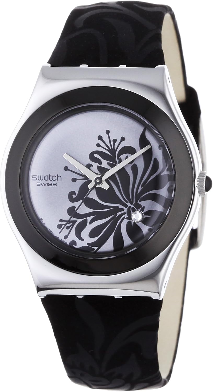 Swatch Ladies Black Flower Leather Strap Watch: Swatch: Amazon.co.uk ...