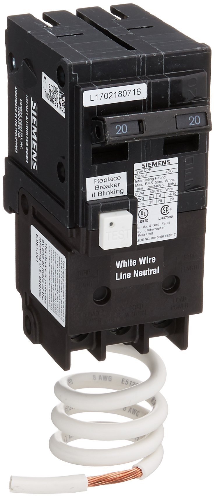 Siemens QF220A Ground Fault Circuit Interrupter, 20 Amp, 2 Pole, 120V ...