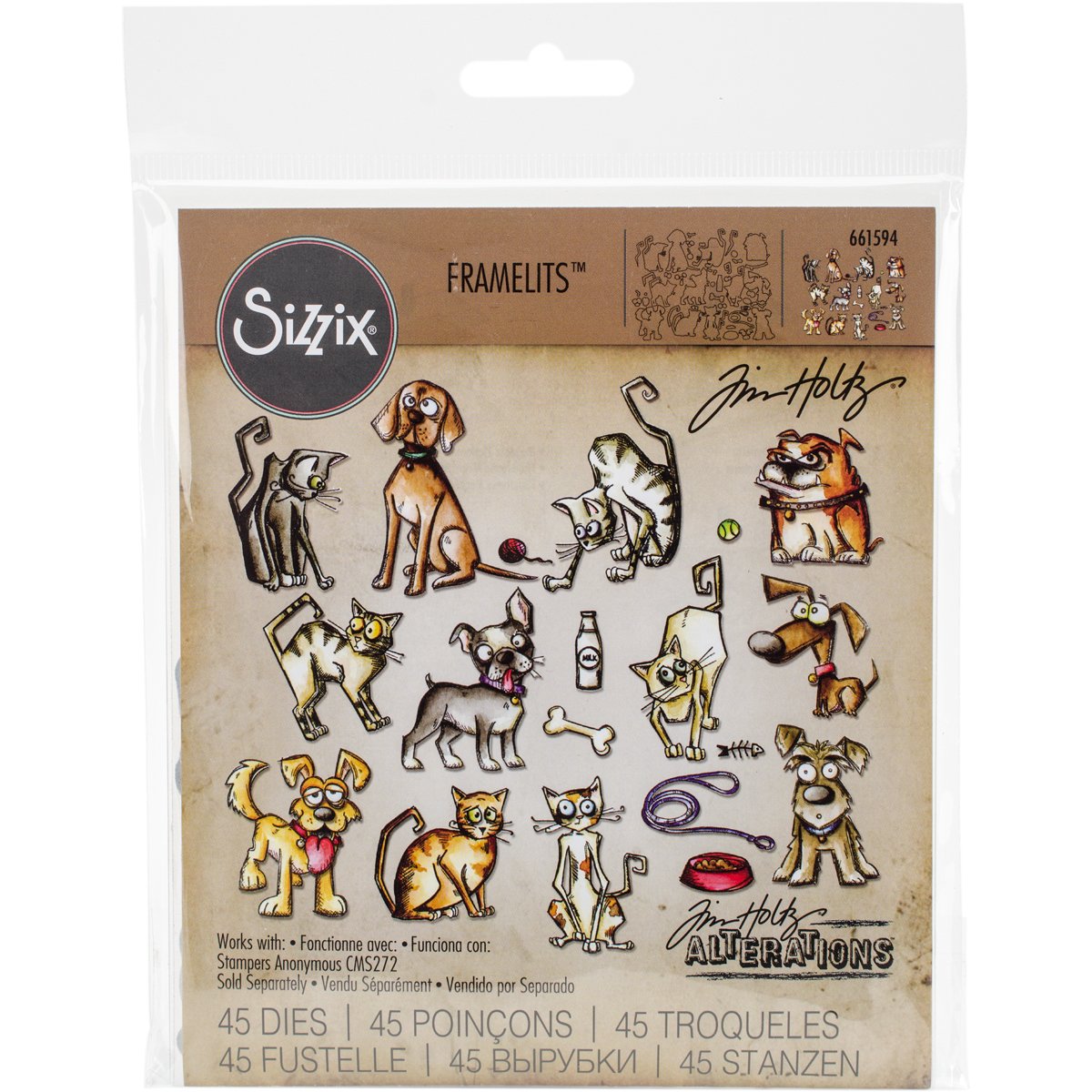 Sizzix Framelits Die Set 45PK-Mini Crazy Cats & Dogs by Tim Holtz ...