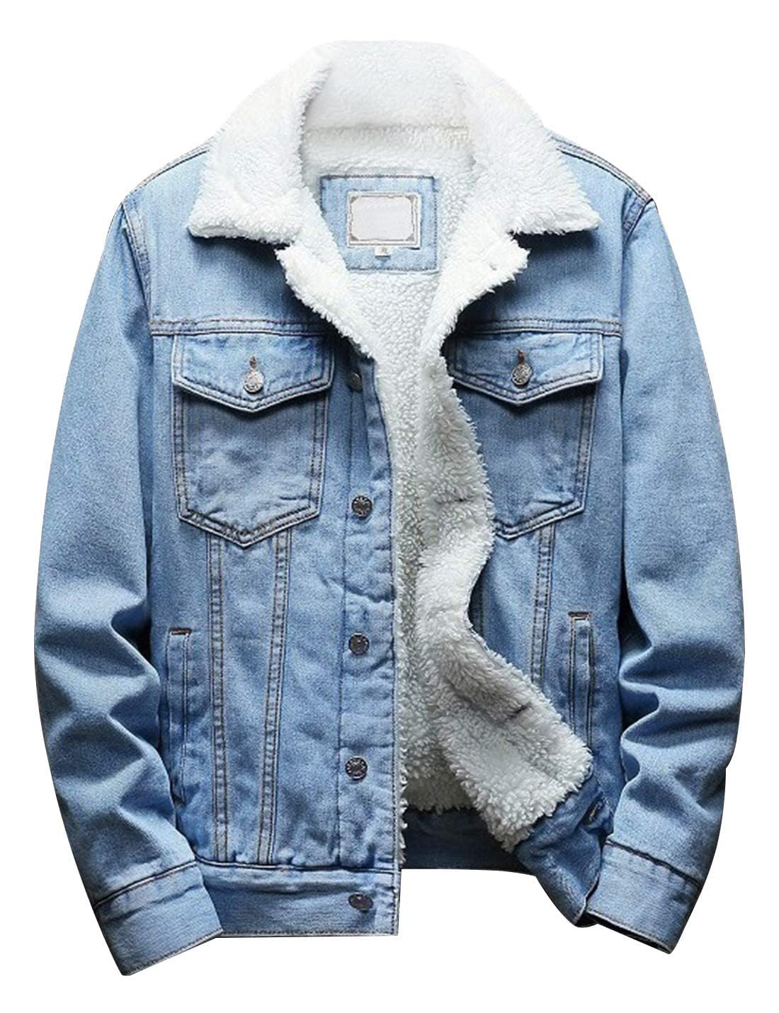 Omoone Men's Lapel Sherpa Fleece Lined Thicken Denim Jean Trucker ...
