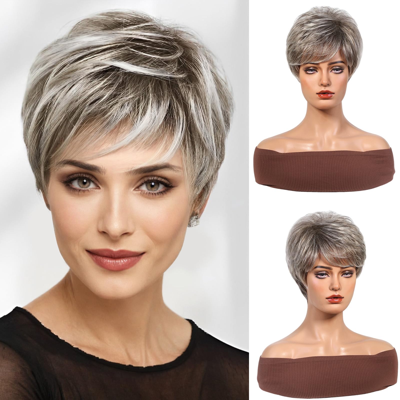 RSY Short Pixie Cut Wigs for Women, Human Hair Wig Blend Healthy Fiber ...