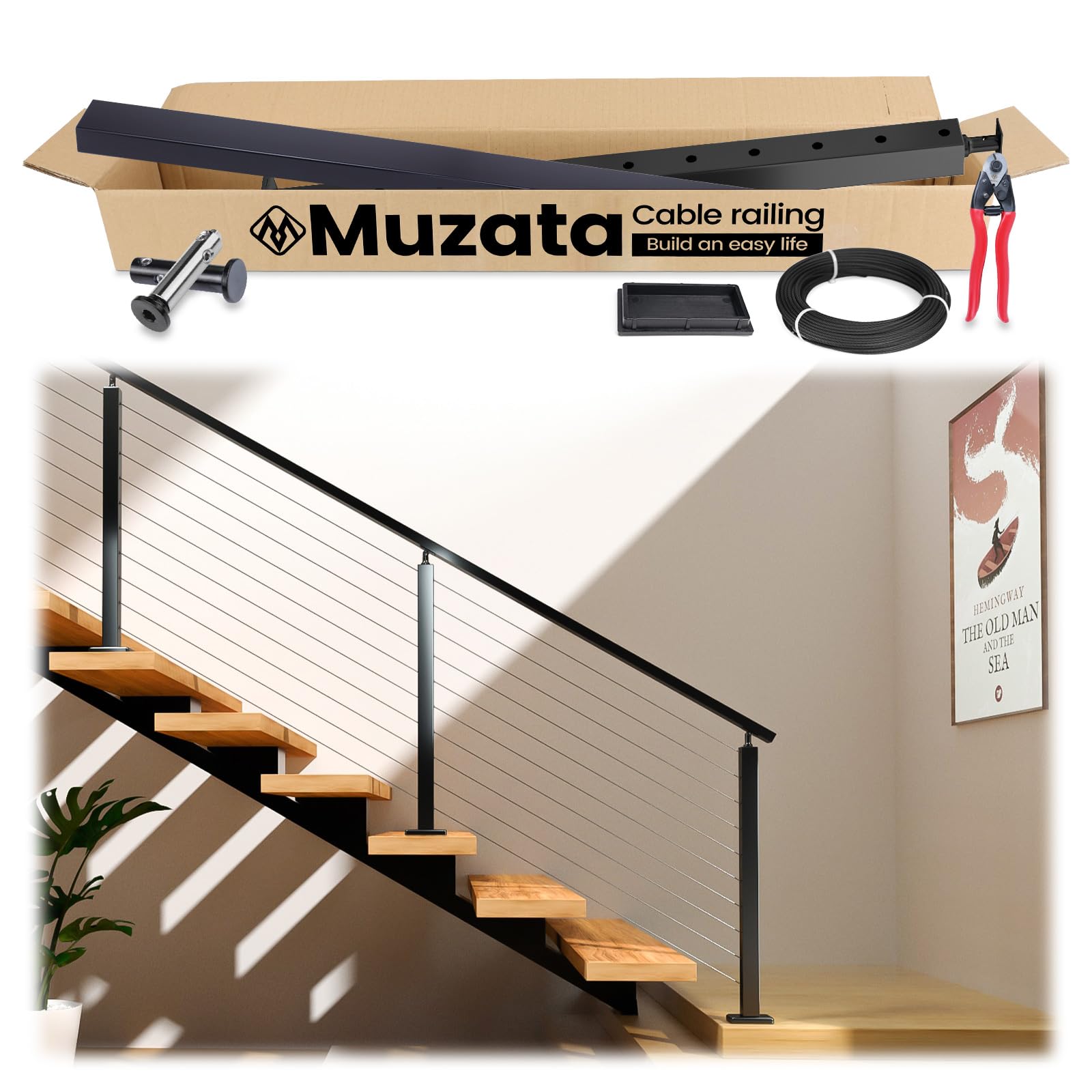 Muzata 3'-6'6" Complete Set Cable Railing System Fit for 25-35 Degrees ...