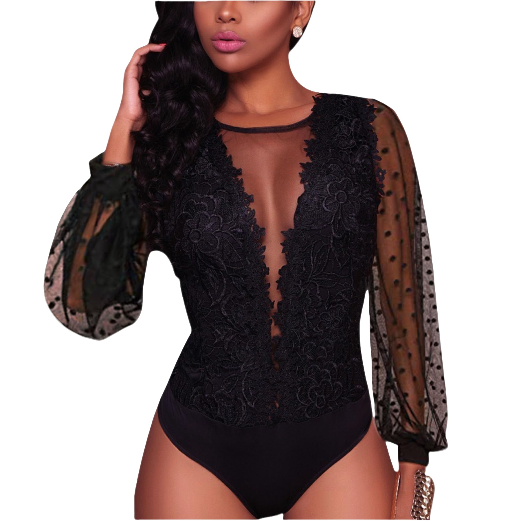 RARITYUS Women Sexy Lace Bodysuit Jumpsuit See Through Mesh Polka Dot Long Sleeve Leotard Tops ...