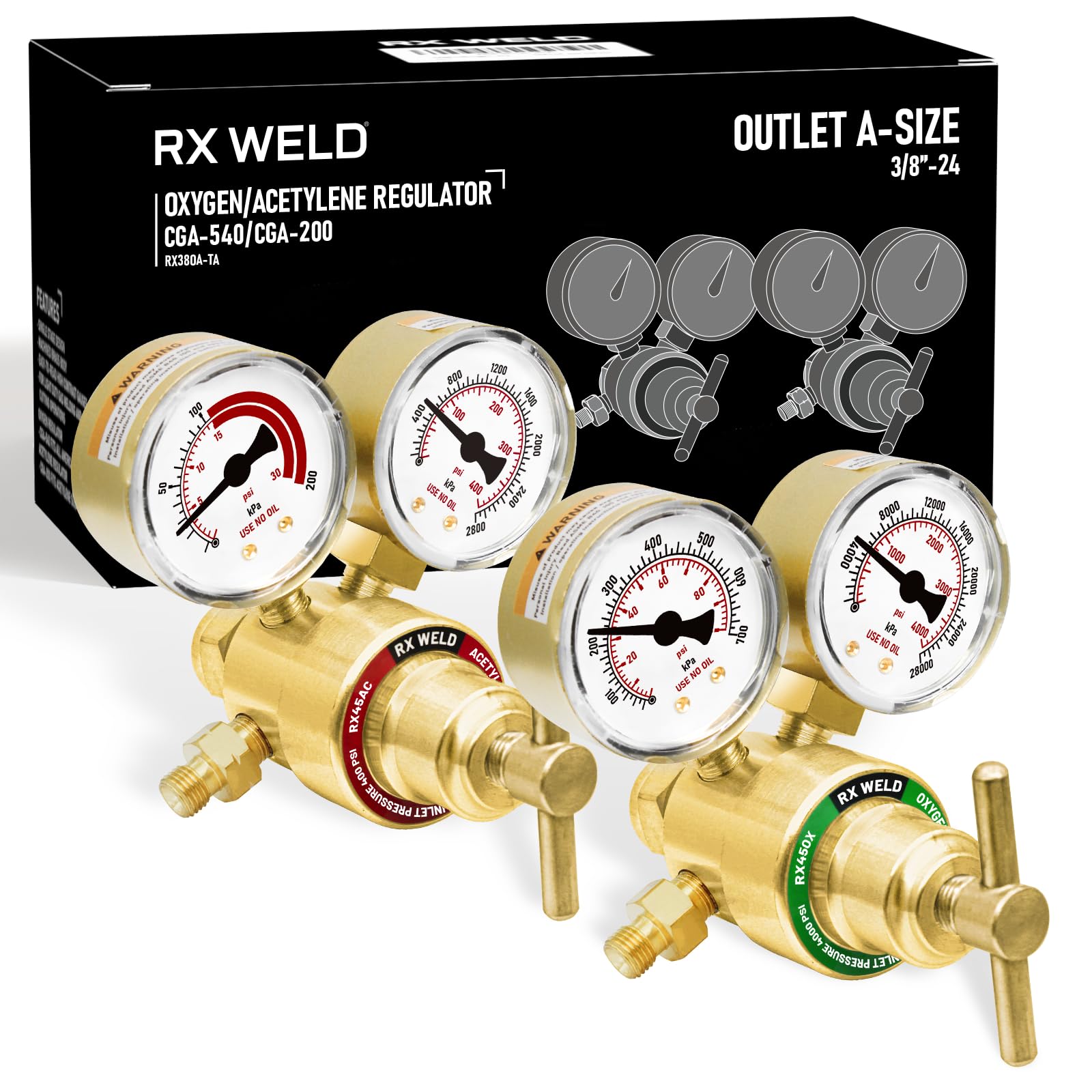 RX WELD Small Oxygen Acetylene Regulator Set, CGA540 and CGA200 Fit ...