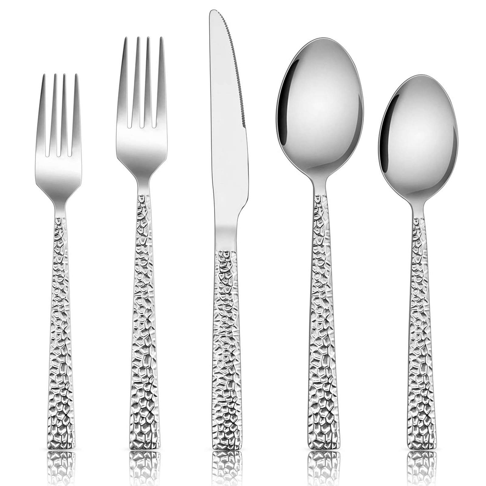 E-far 60-Piece Silverware Set, Hammered Stainless Steel Square Flatware ...