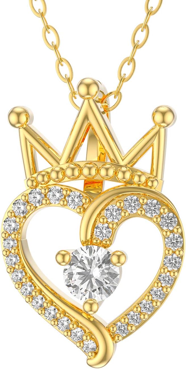 BEBEWO Crown of Love-10K 14K 18K Gold Love Heart Crown Pendant Necklace ...